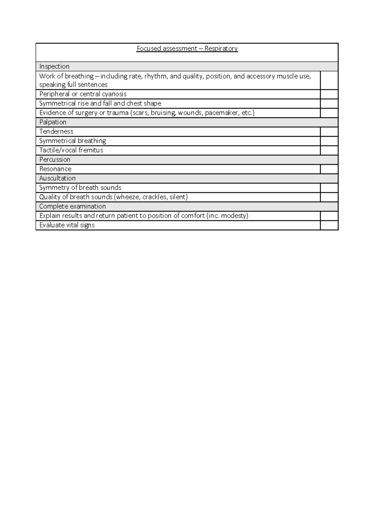 SBA Respiratory assessment - Focused assessment – Respiratory ...