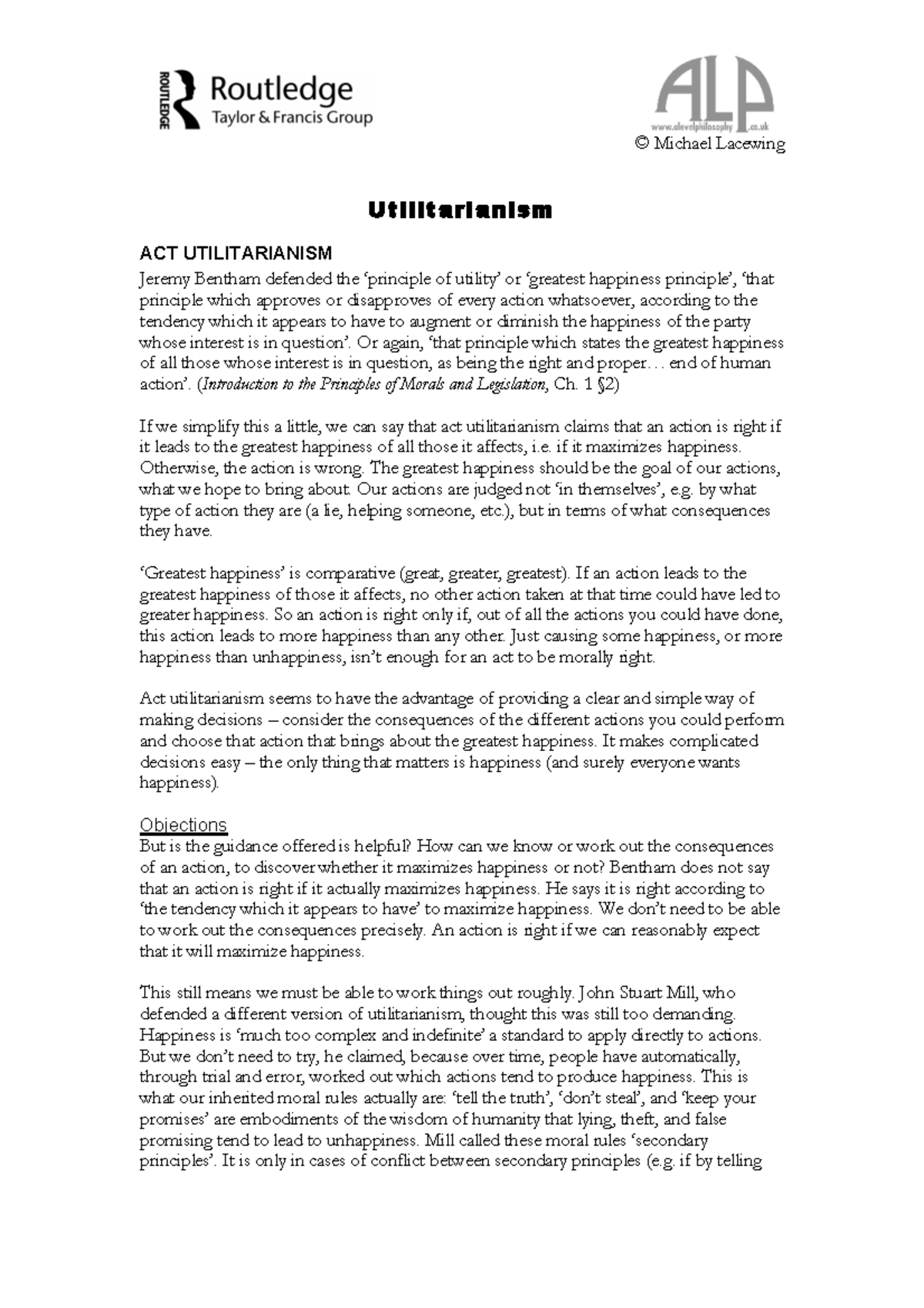 Act vs Rule Utilitarianism - Extra Notes on Ethics - Studocu