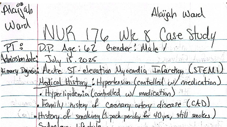 NUR 176 Wk 8 Case Study: Acute STEMI in Patient D.P. Age 62 - Studocu