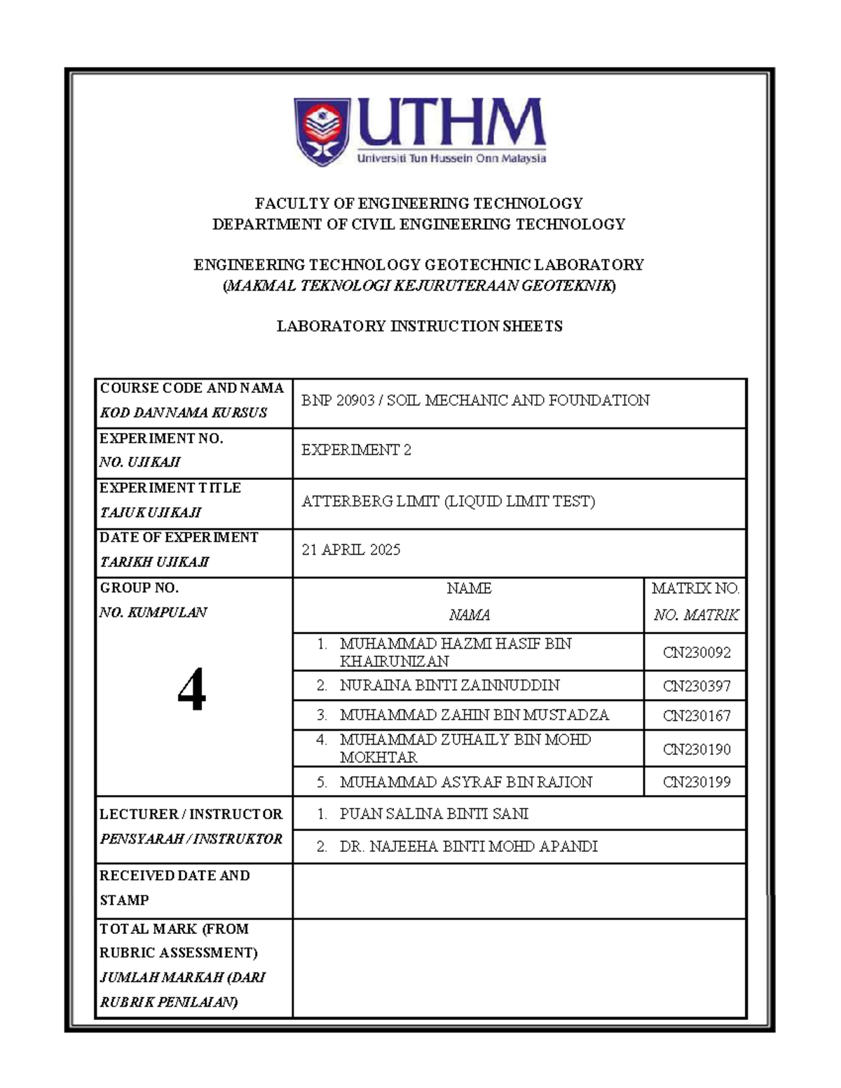 LAB REPORT: BNP 20903 Liquid Limit Test (Experiment 2) - Studocu