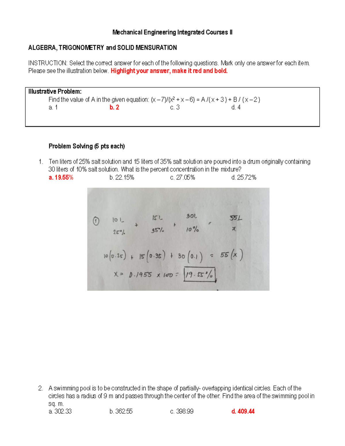 Algebra Trigo and Solid Mensuration - Mechanical Engineering Integrated Courses II ALGEBRA ...