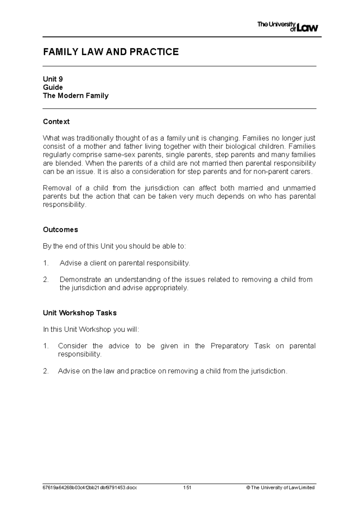 FAMILY LAW AND PRACTICE Unit 9 Workshop Guide: The Modern Family ...