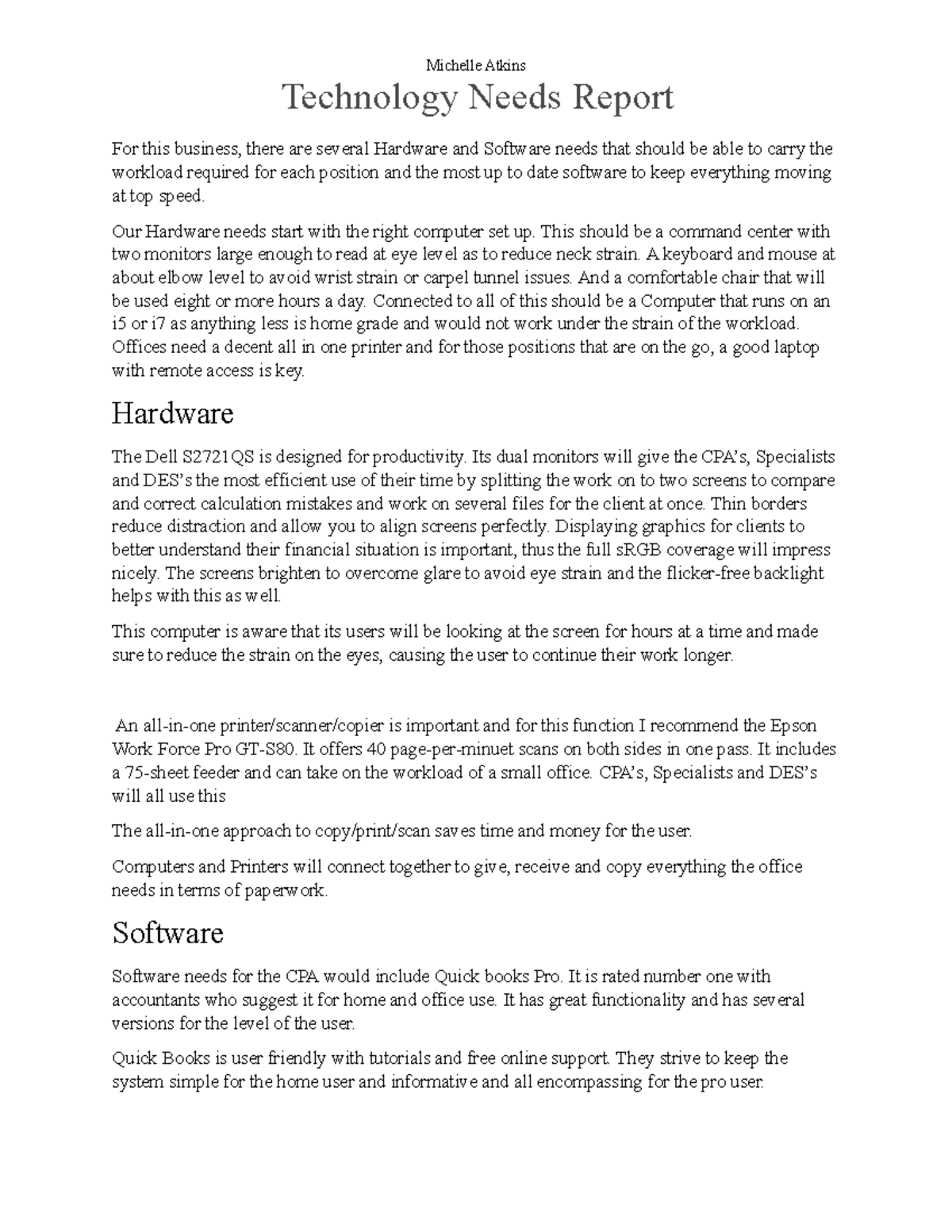 Project One: Tech Hardware & Software Needs Report - Studocu