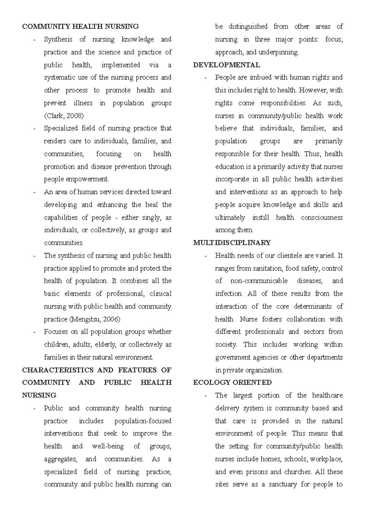 Community Health Nursing: Key Concepts and Practices in CHN 101 - Studocu