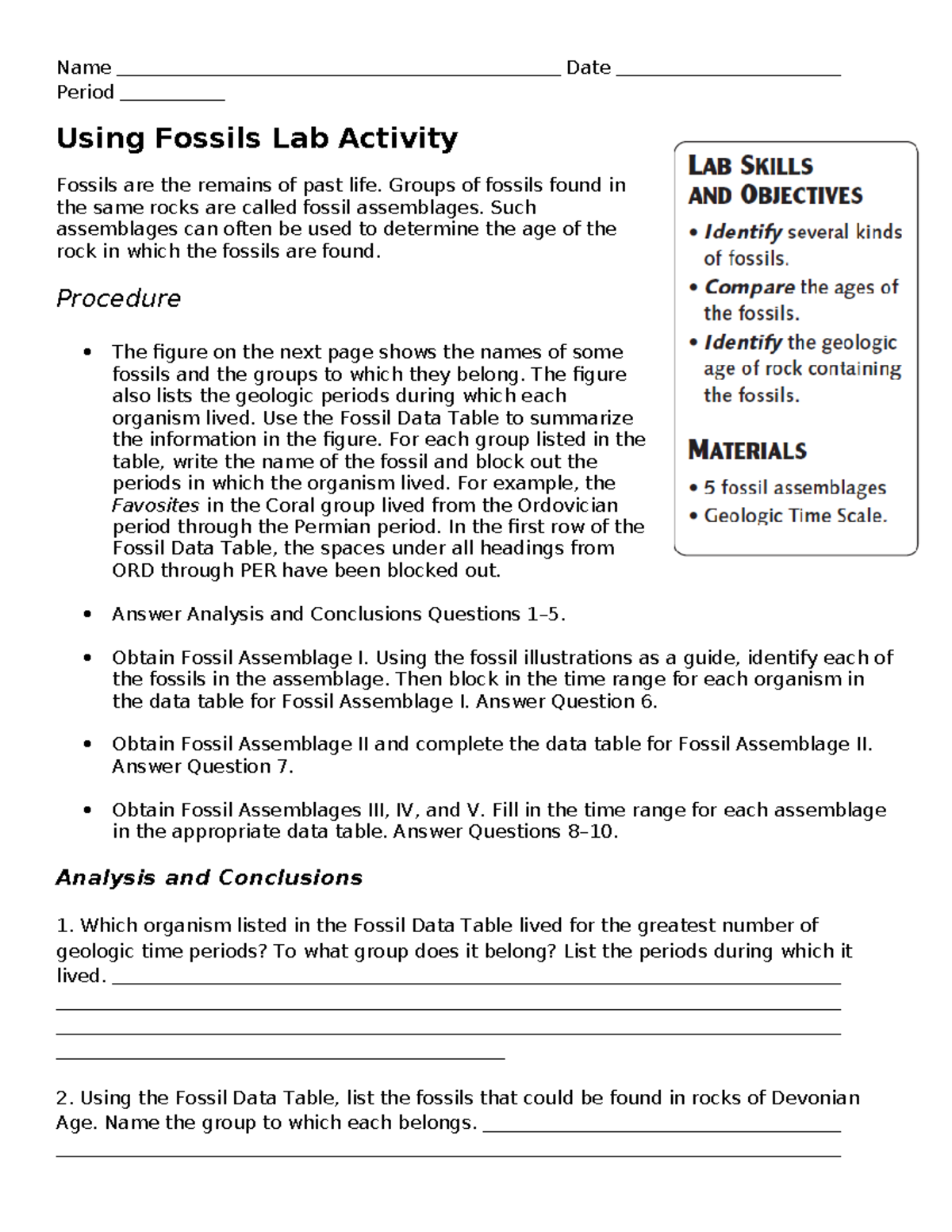 Using Fossils Lab Activity: Analyzing Fossil Assemblages and Ages - Studocu