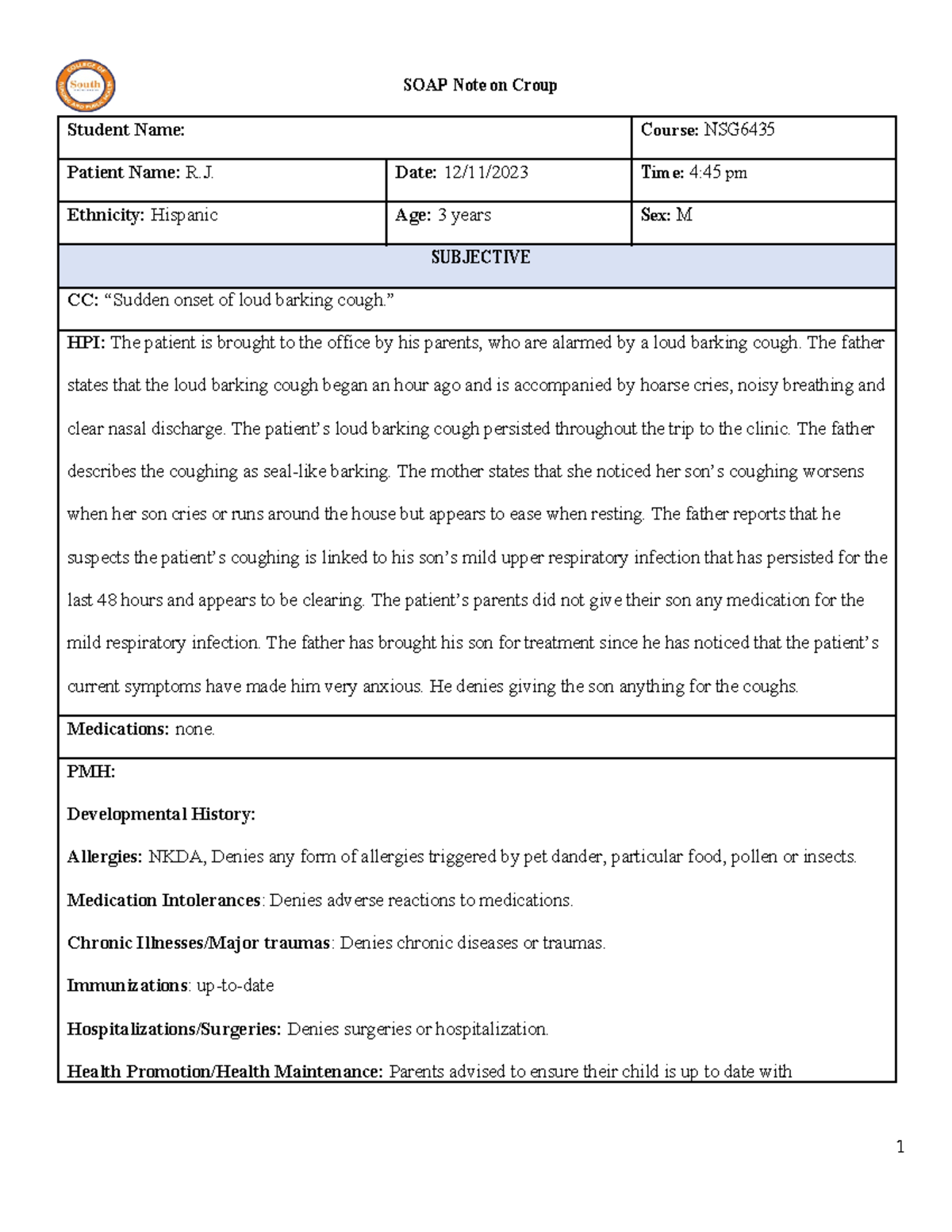 SOAP Note: Croup Case Study - NSG 12/11/23 - Studocu