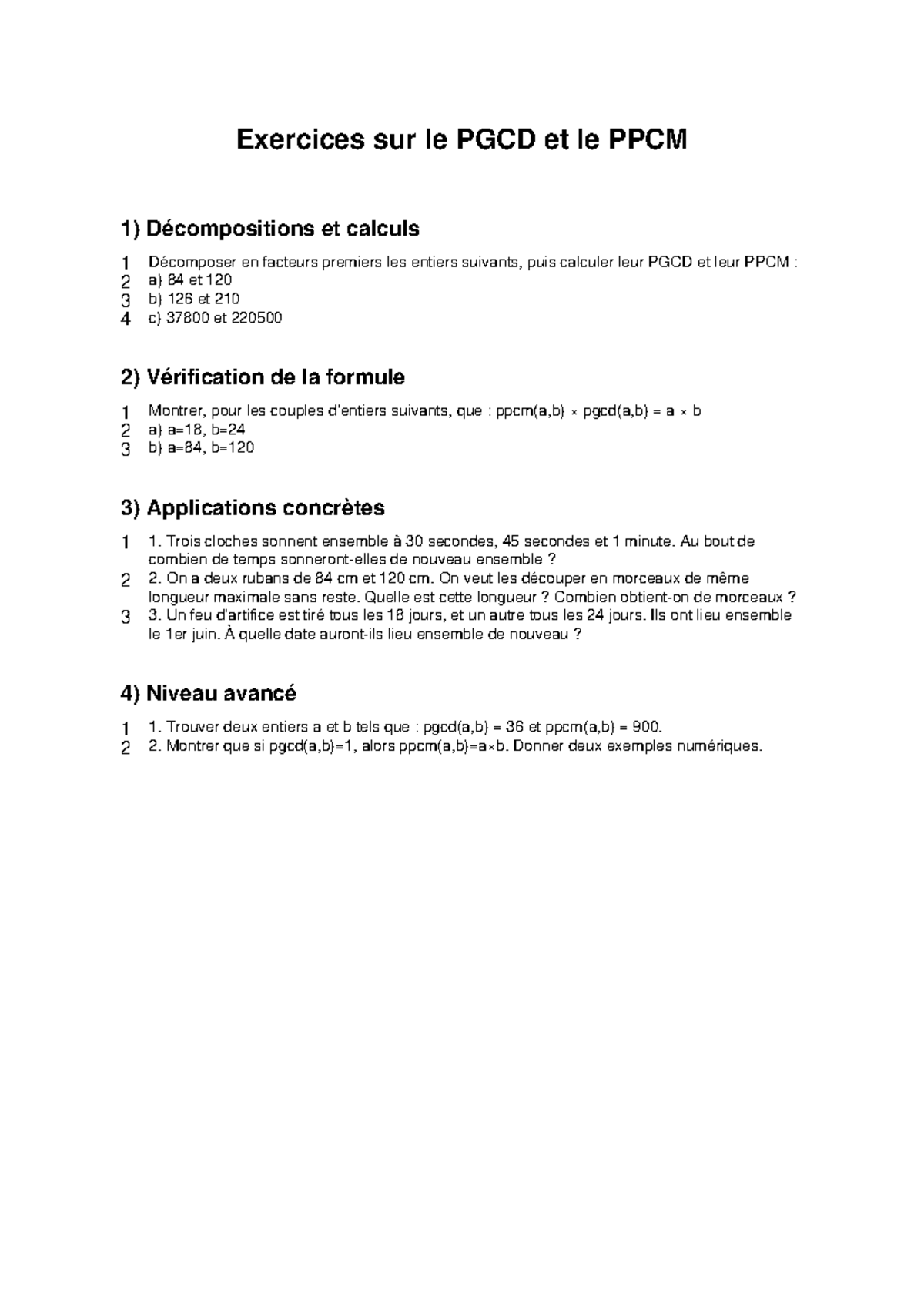 Exercices sur le PGCD et le PPCM - Méthodes et Applications - Studocu