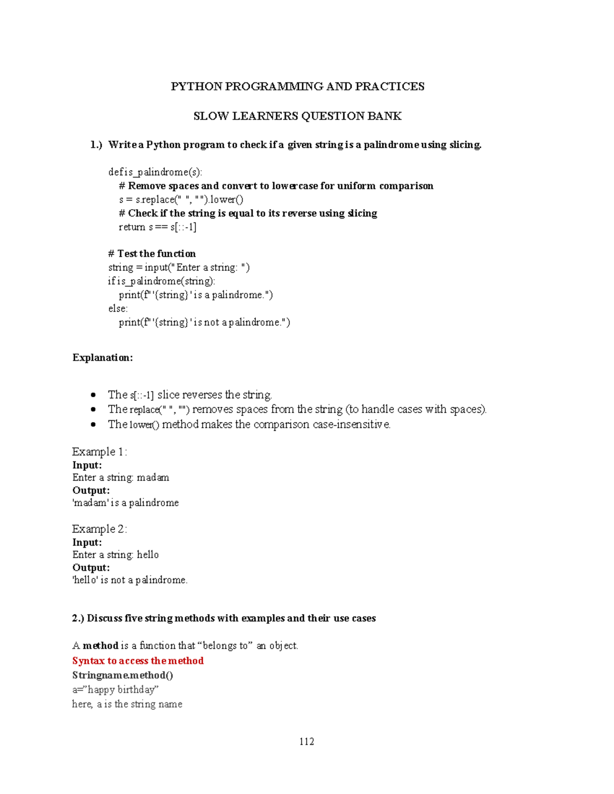 SLOW Learner Python QB - Palindrome, Tuples, and List Methods - Studocu