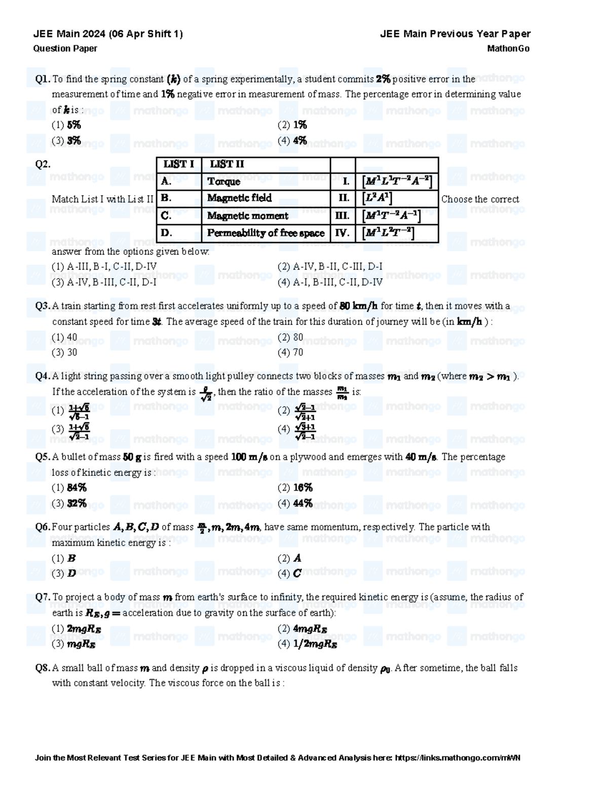 JEE Main 2024 (06 Apr Shift 1) Previous Year Paper & Answer Keys - Studocu