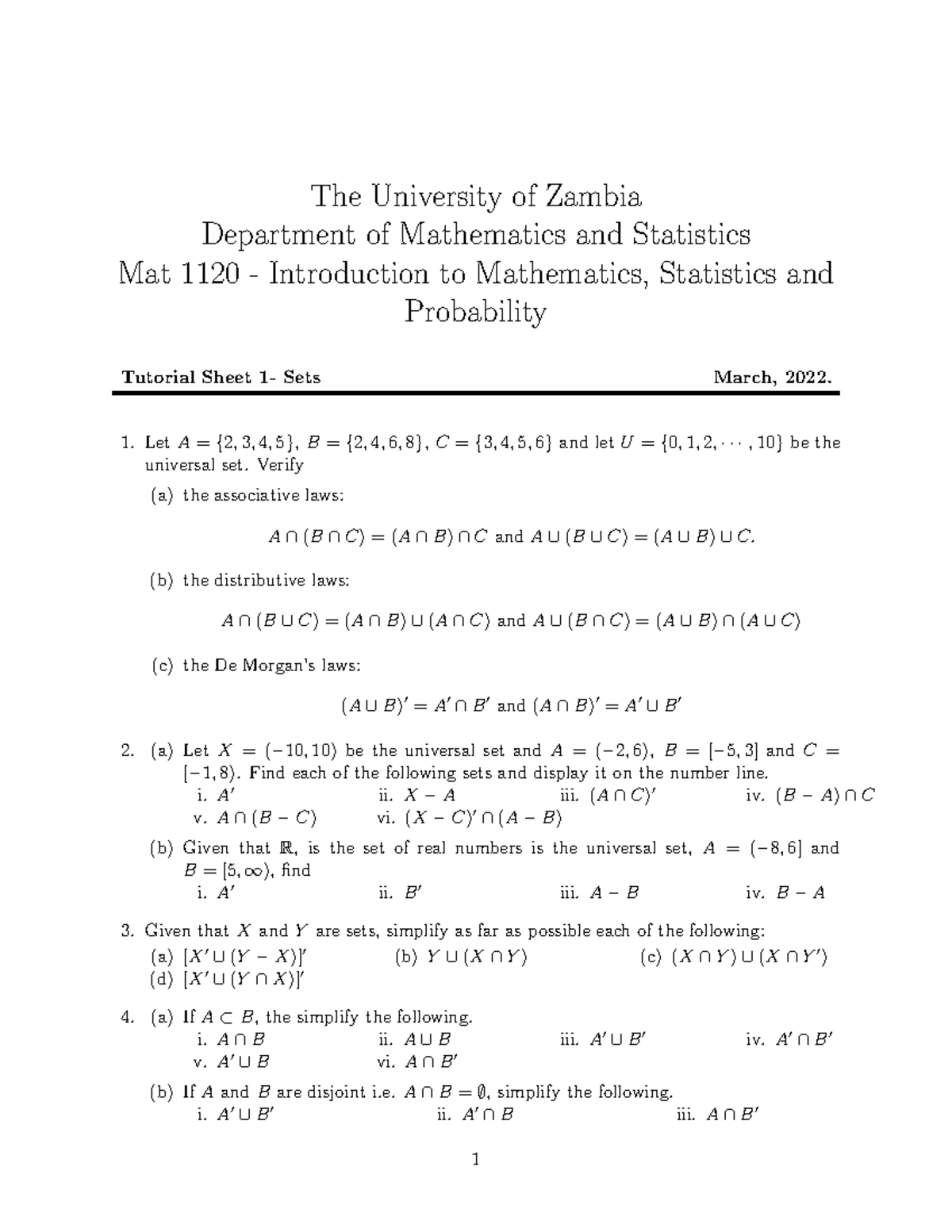 MAT 1120 Tutorial 1 Solutions on Set Theory - March 2022 - Studocu