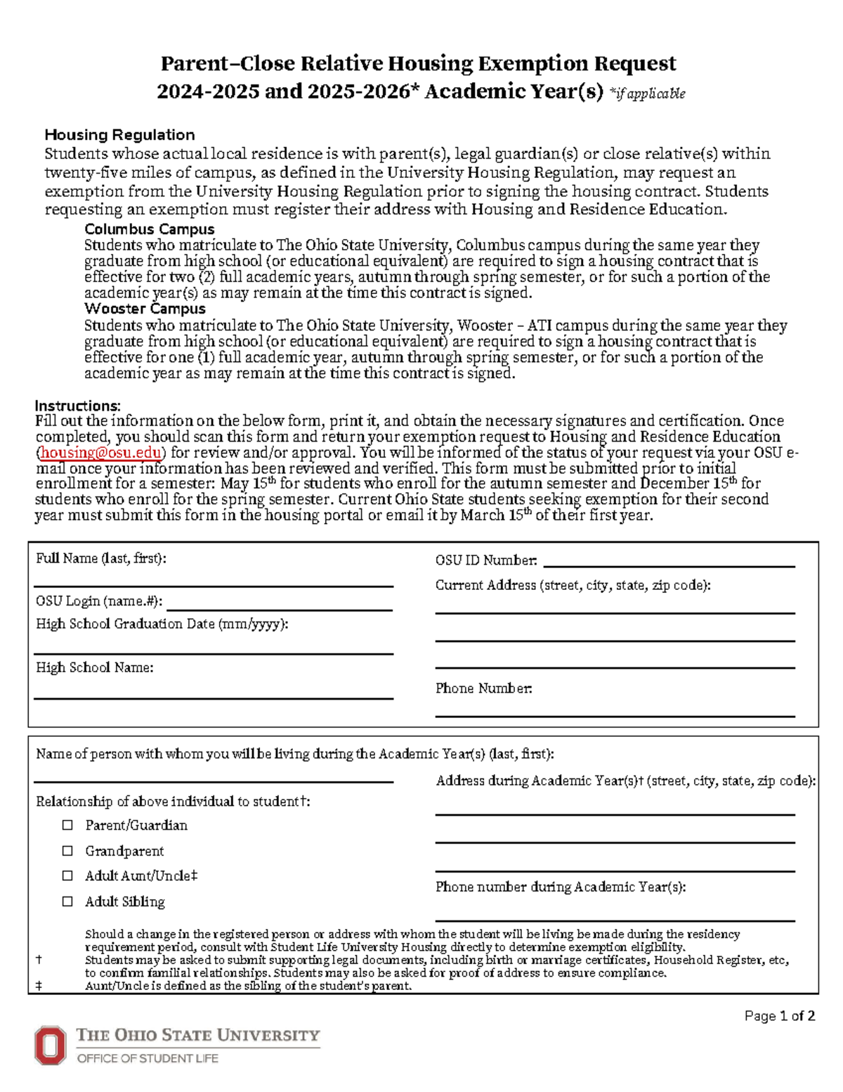 Parent-Relative Housing Exemption Request for AY 2024-2025 - Studocu