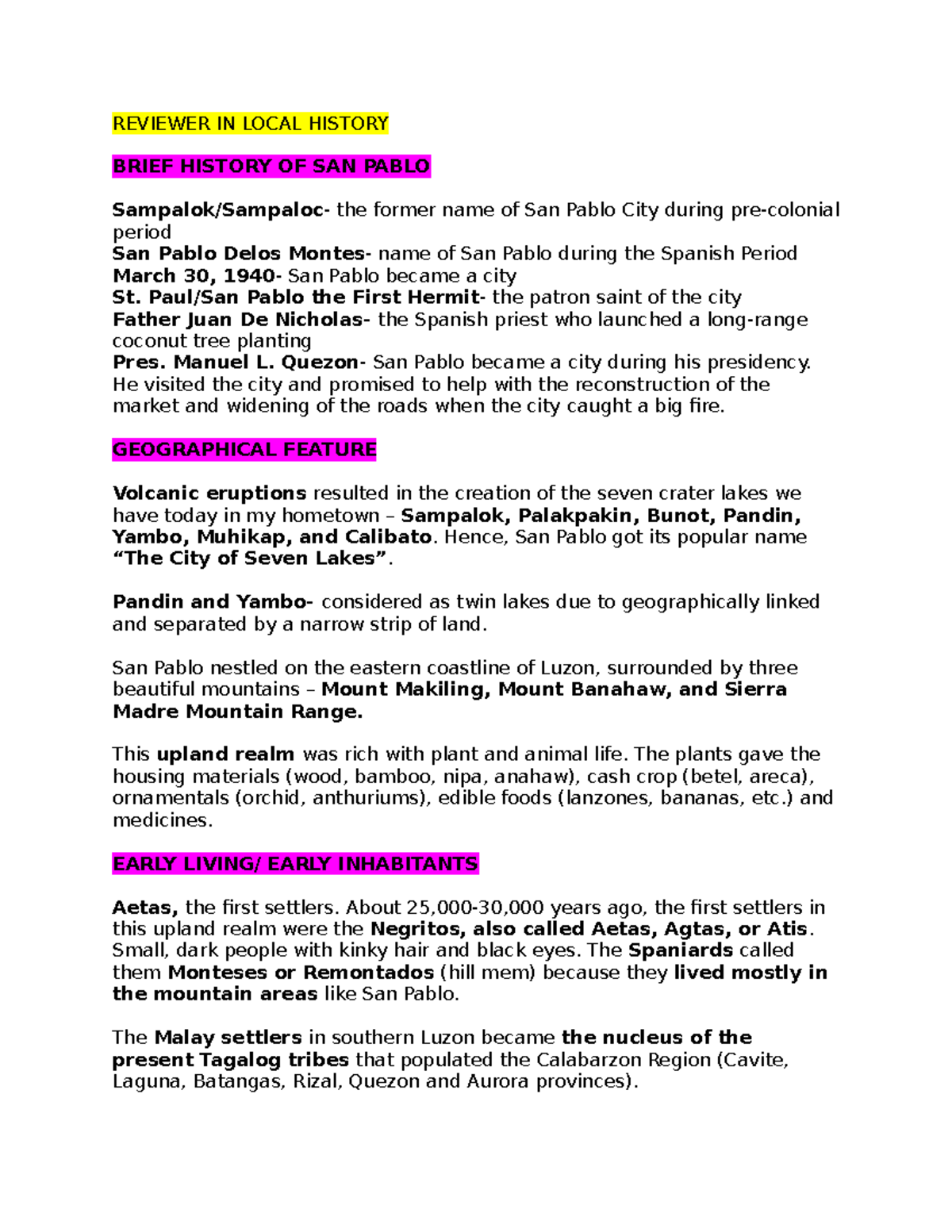 REVIEWER IN LOCAL HISTORY: SAN PABLO CITY OVERVIEW - Studocu