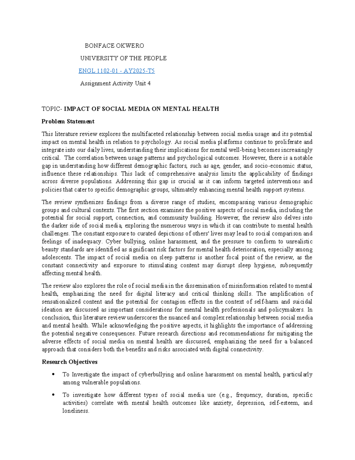 ENGL 1102 Unit 4: Impact of Social Media on Mental Health - Studocu