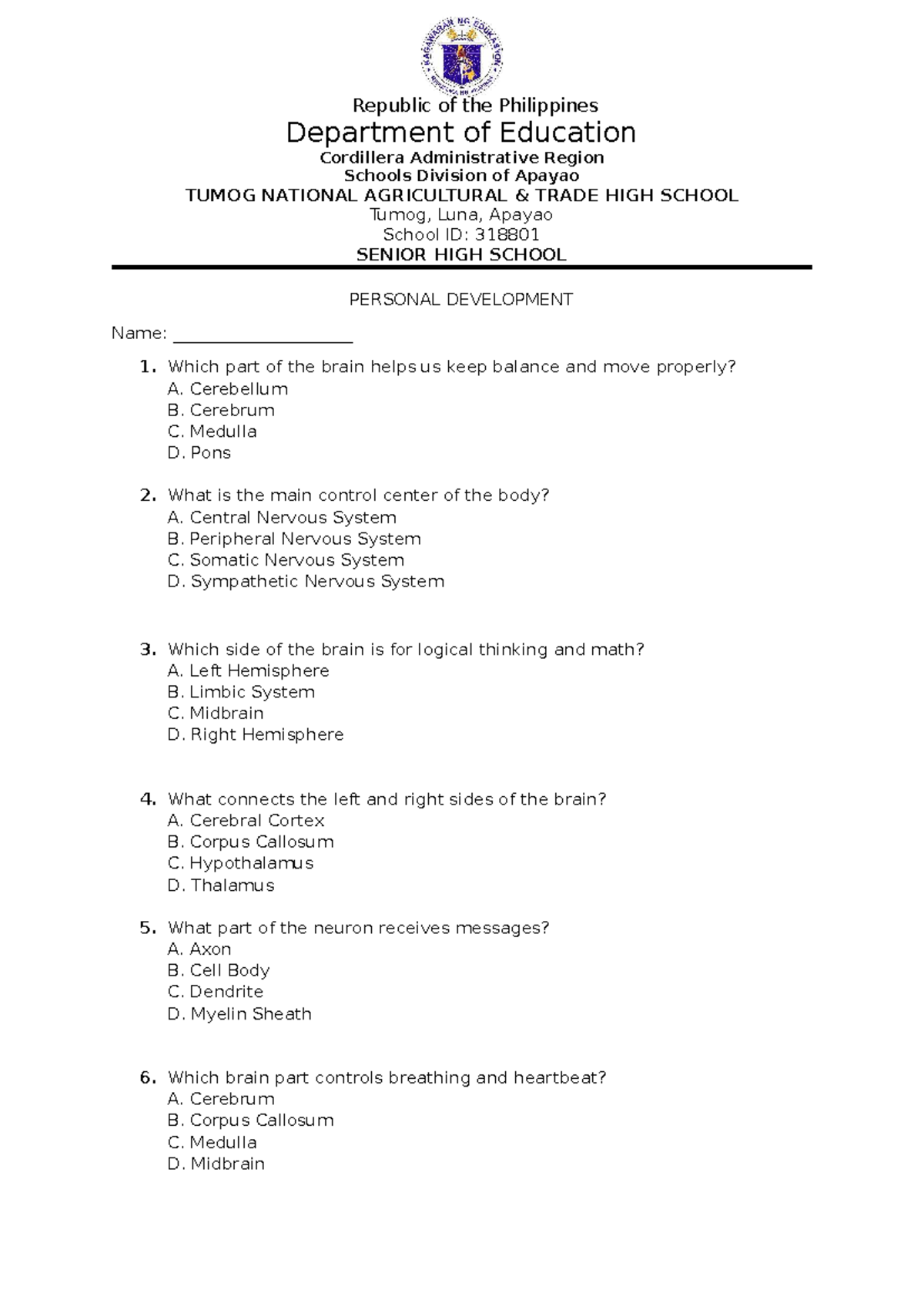 Senior High School Personal Development Quiz - TUMOG 318801 - Studocu