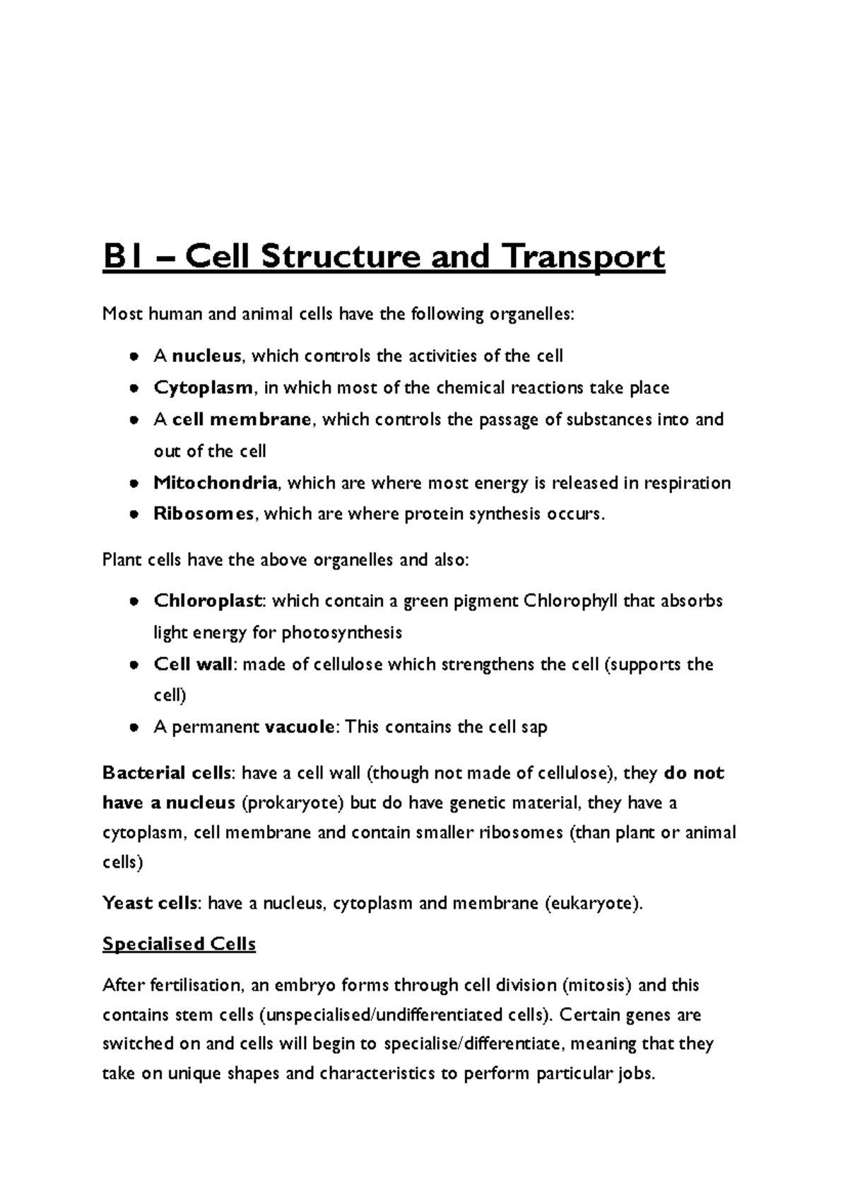 BI – Cell Structure and Transport Notes - Studocu