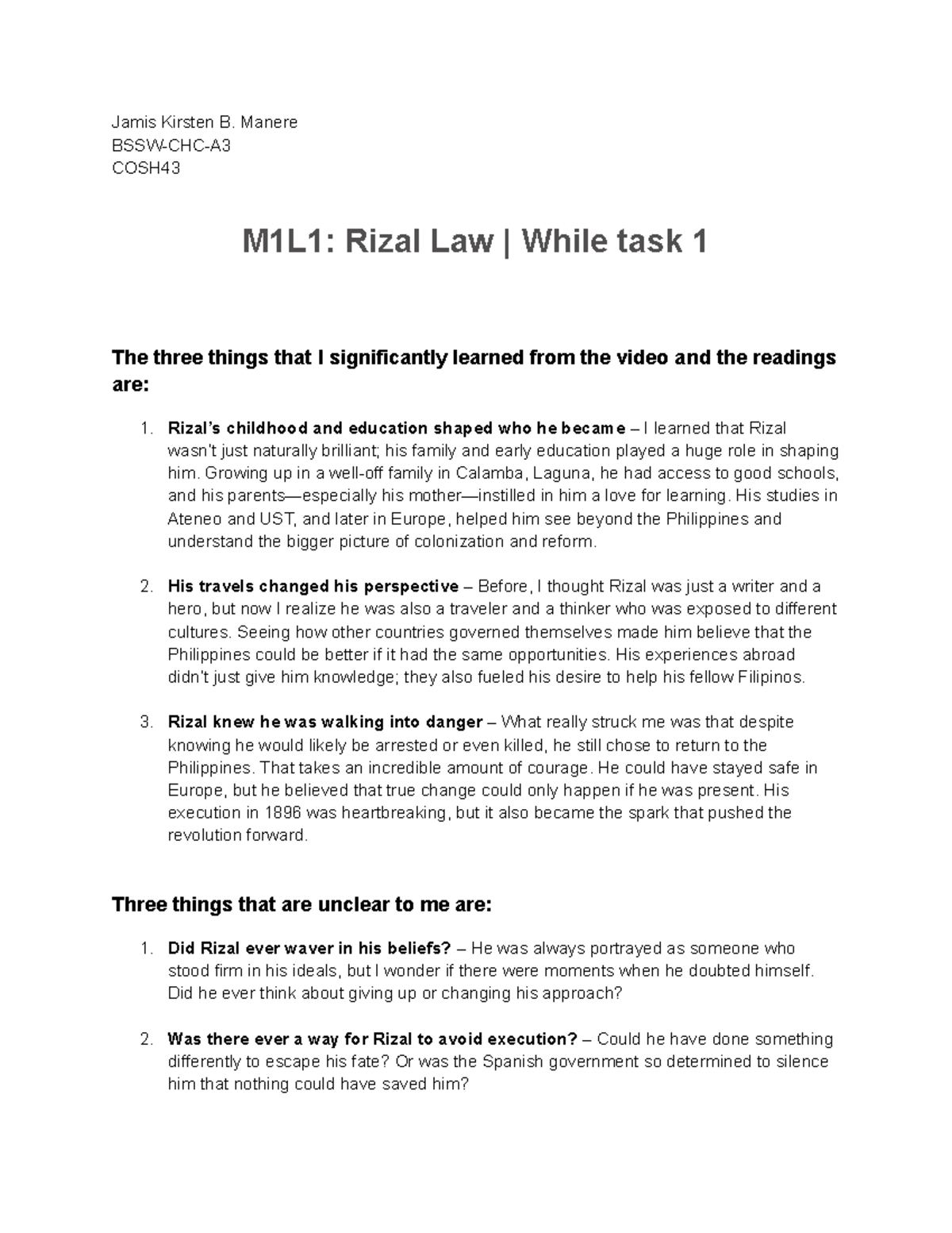 M1L1 Rizal Law: Insights from Video & Readings on Rizal's Life - Studocu