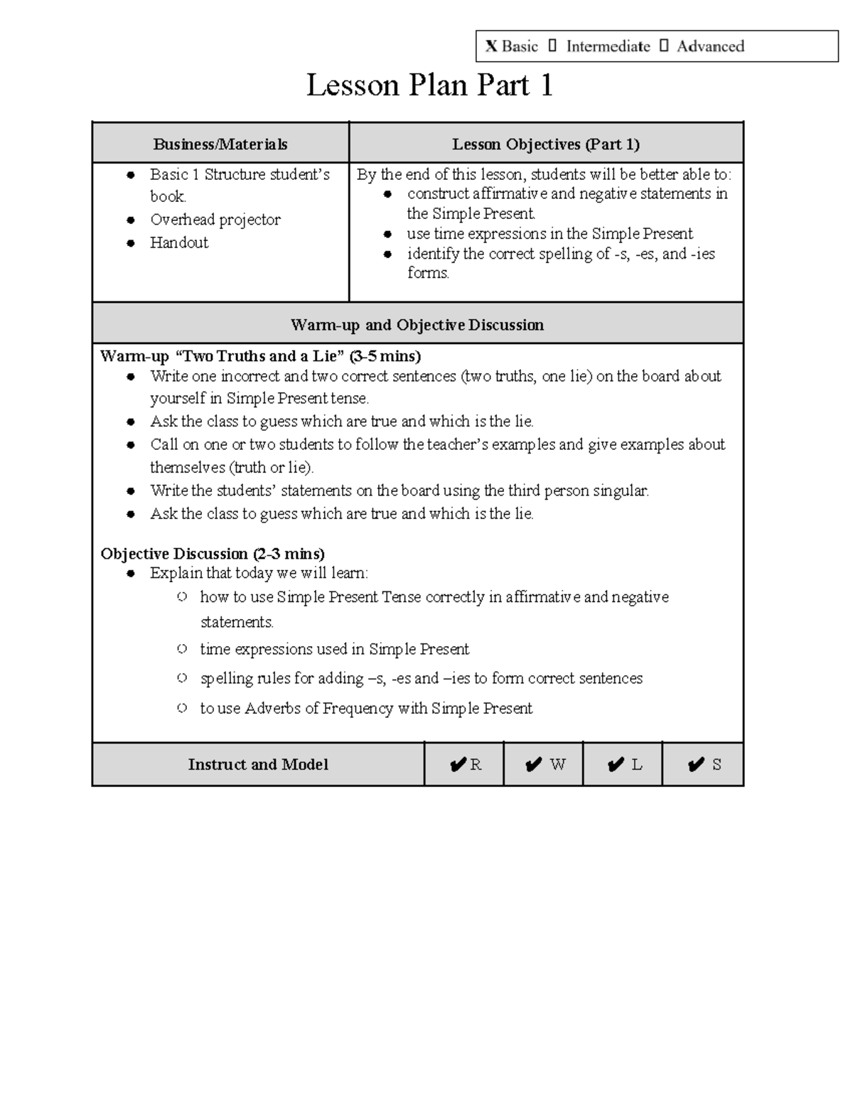 Teacher 3 Lesson Plan (Ipek) - Simple Present Tense Objectives - Studocu