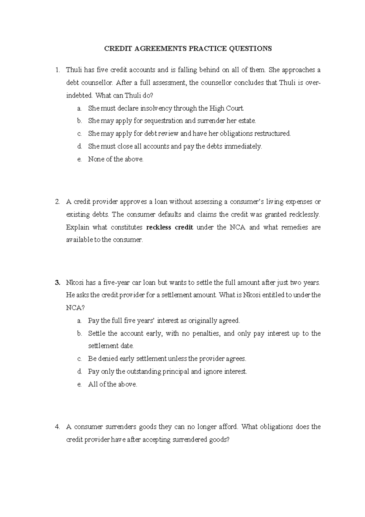 CREDIT AGREEMENTS (Practice Questions) - Key Concepts & Scenarios - Studocu