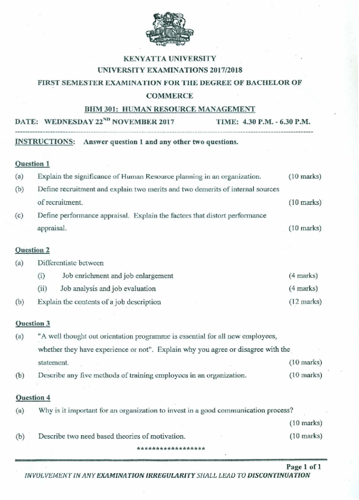 BHM 301: Human Resource Management Past Exam Paper 2017 - Studocu