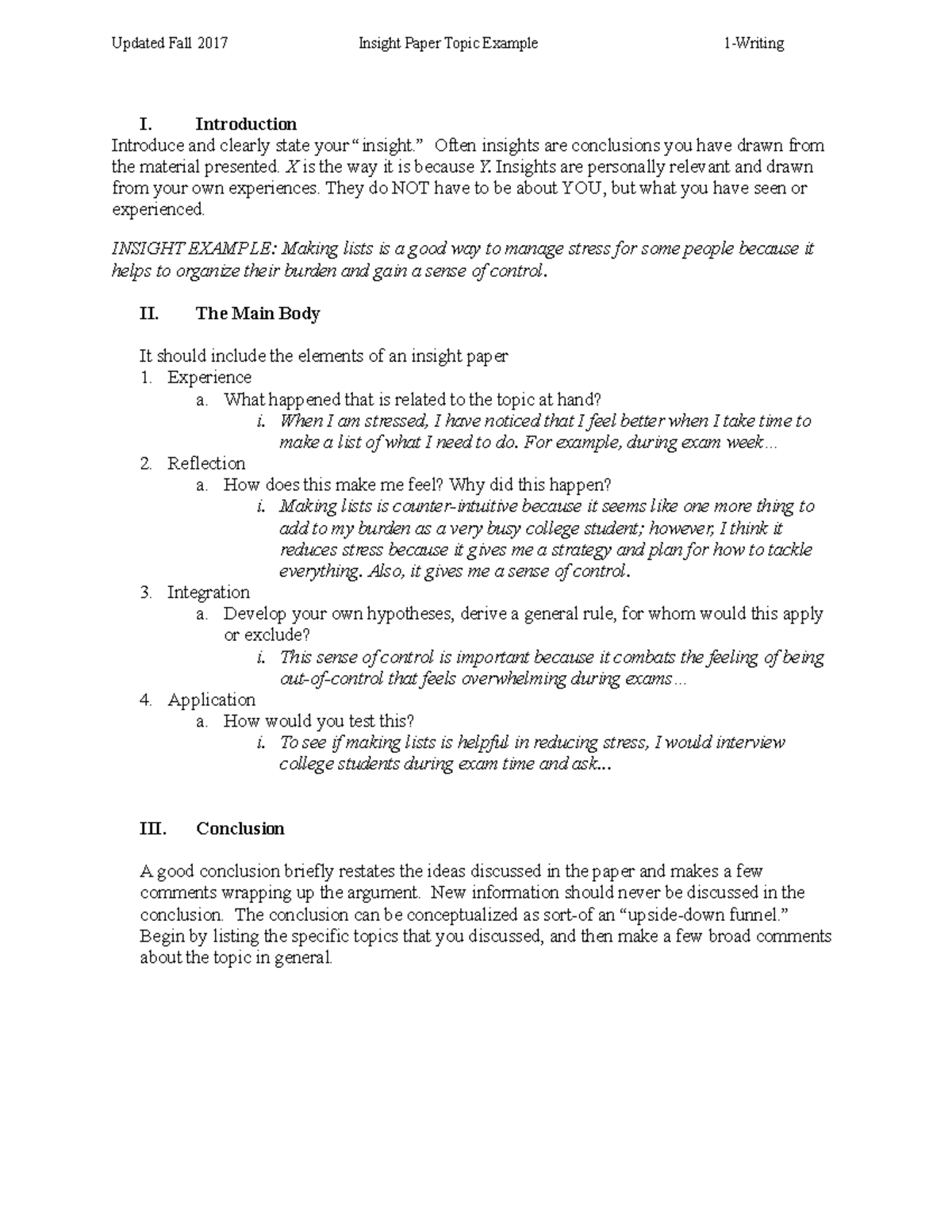 1-Writing Insight Paper Example: Managing Stress Through Lists - Studocu