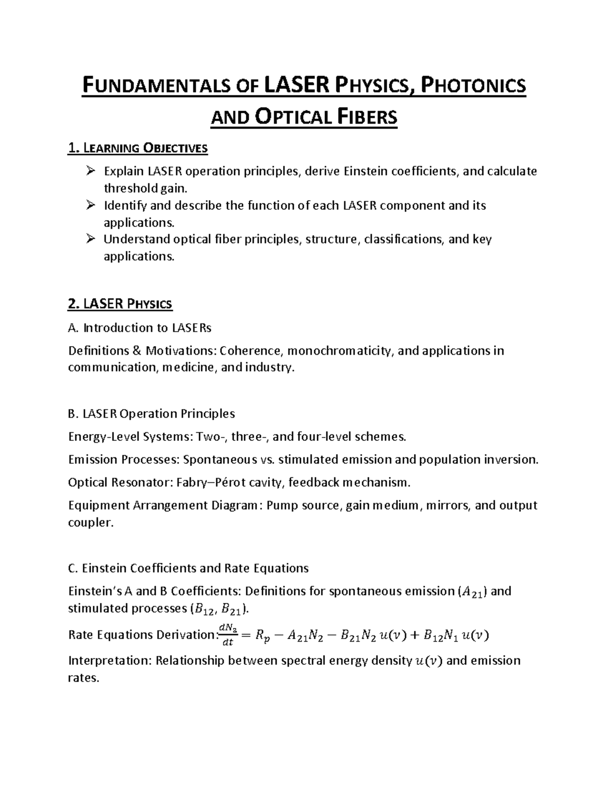 Lesson Plan: Fundamentals of Laser Physics & Optical Fibers (PHYS 101 ...