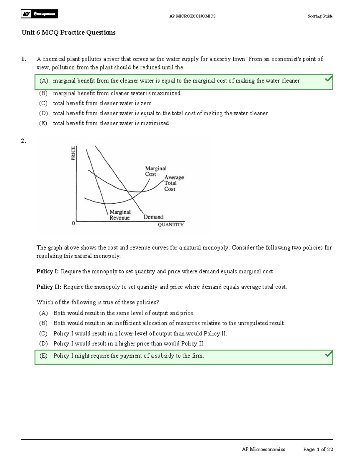AP MICROECONOMICS Unit 6 MCQ Practice Questions & Scoring Guide - Studocu