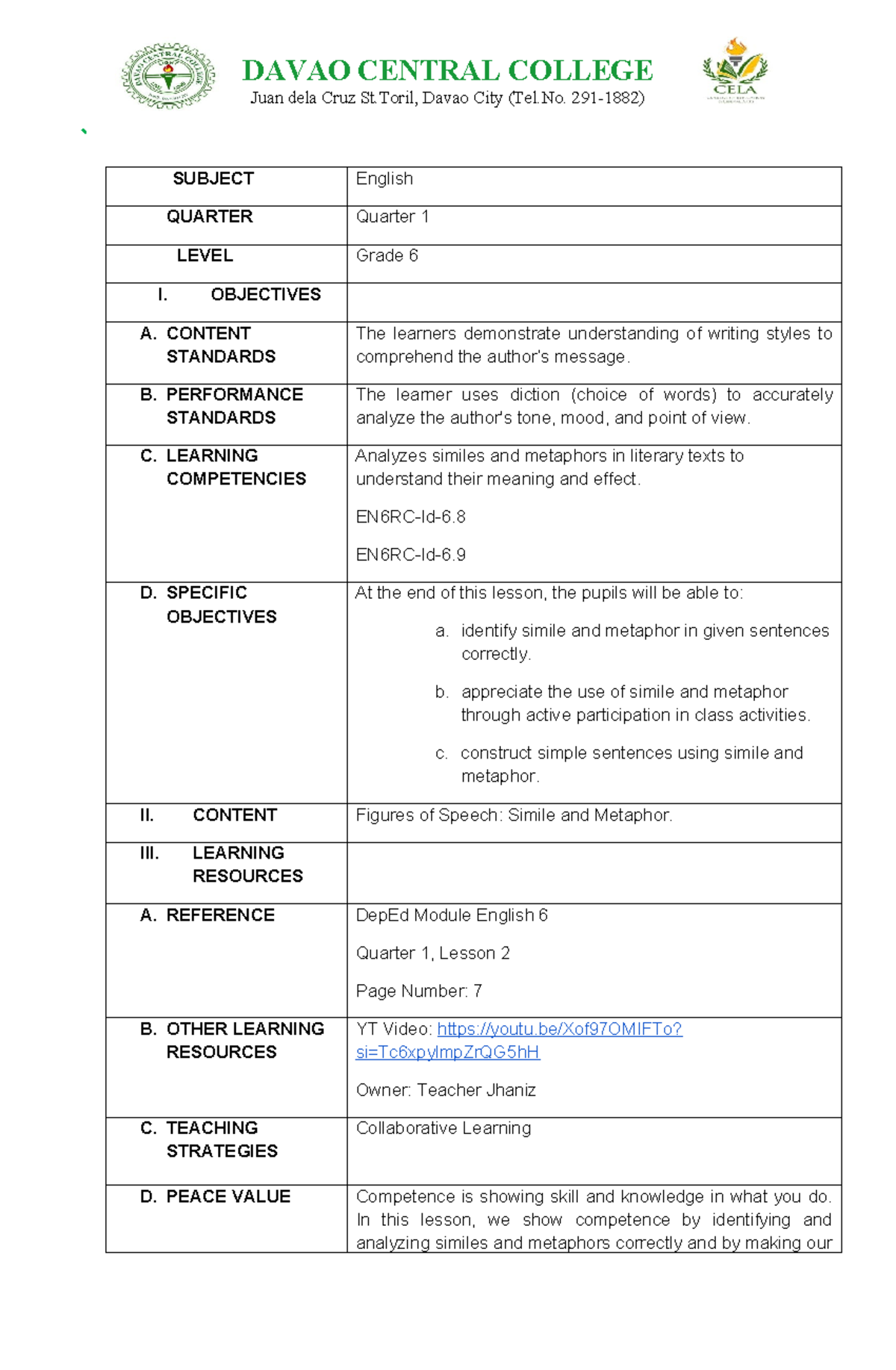 English 6 Quarter 1 Lesson Plan: Similes and Metaphors - Studocu
