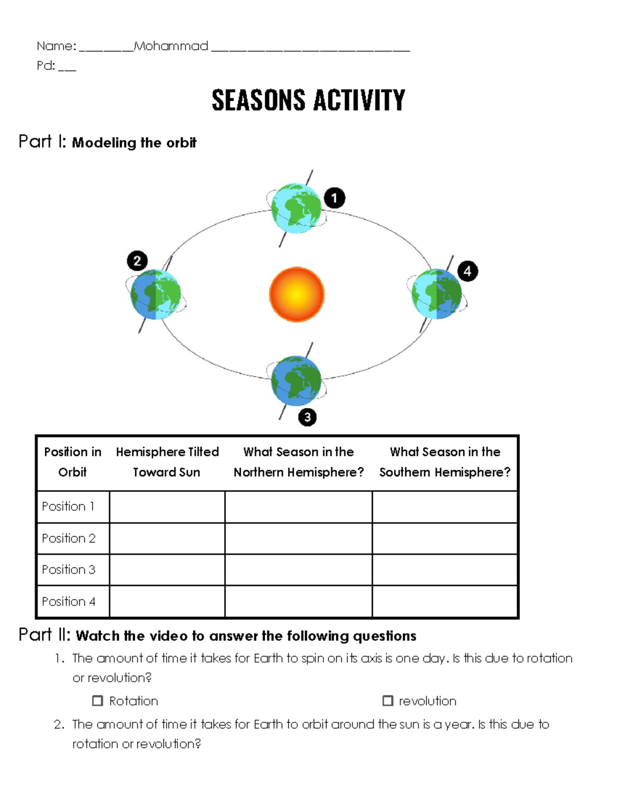 Seasons Activity: Understanding Earth's Orbit & Hemisphere Effects ...