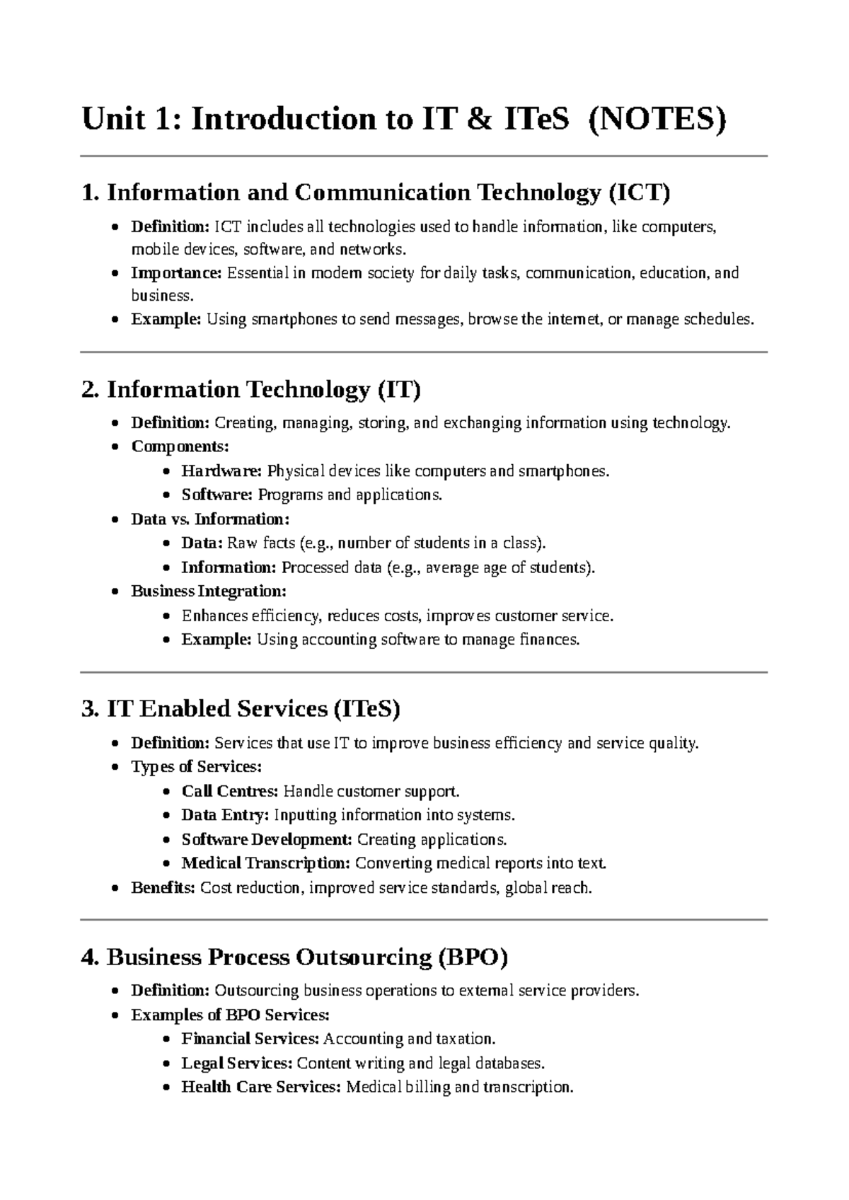 ITeS 101: Unit 1 - Introduction to Information Technology Notes - Studocu