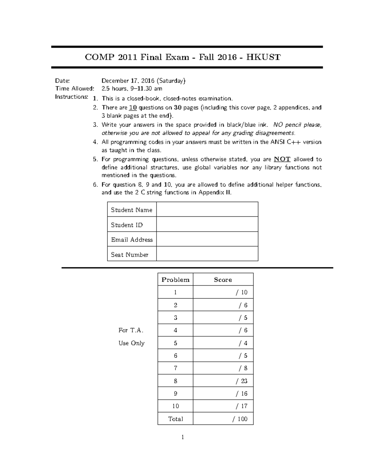 COMP 2011 Final 2016 - 2016 exam past paper - COMP 2011 Final Exam ...