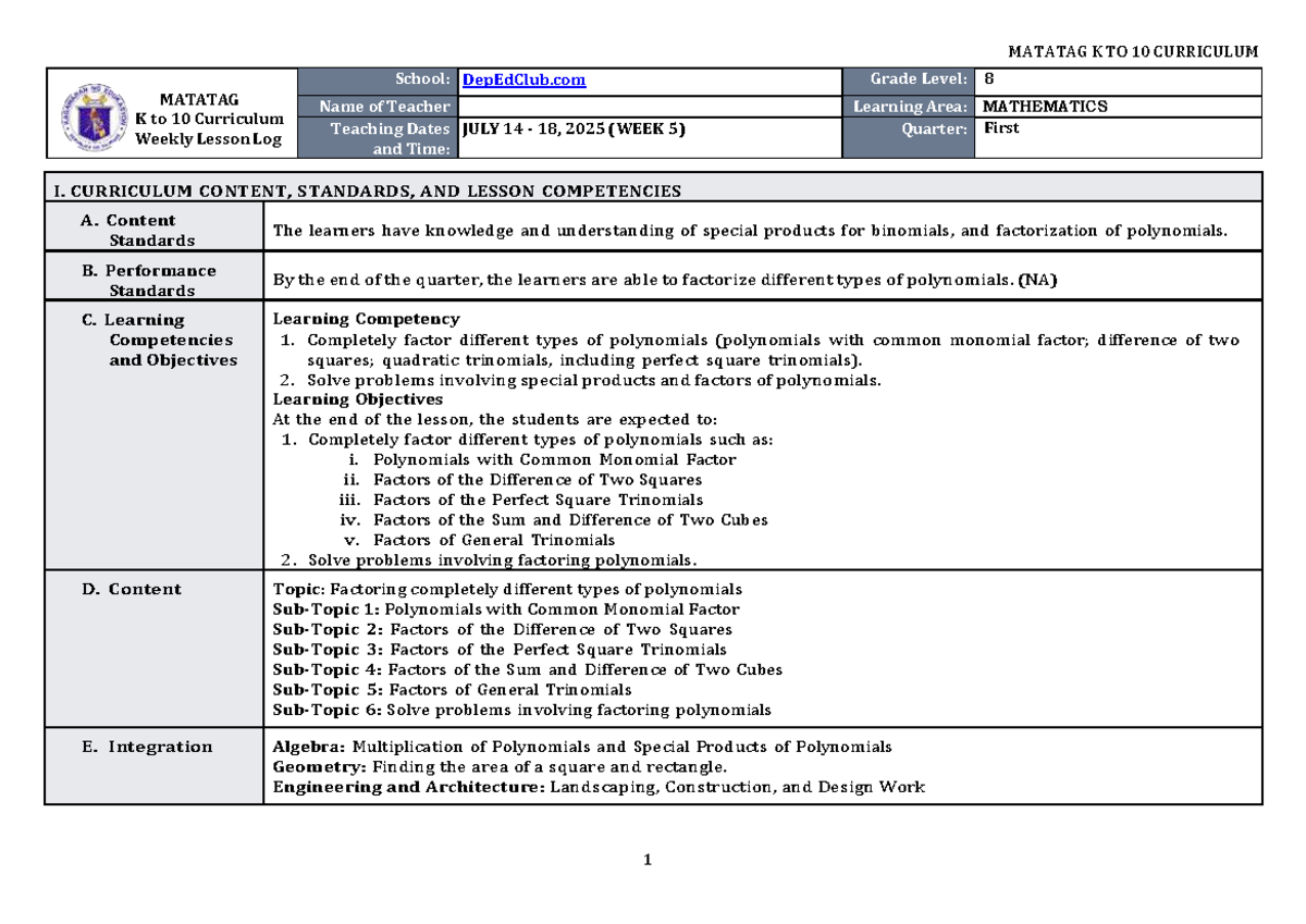 DLL Matatag Mathematics 8 Q1 Week 5: Factoring Polynomials - Studocu