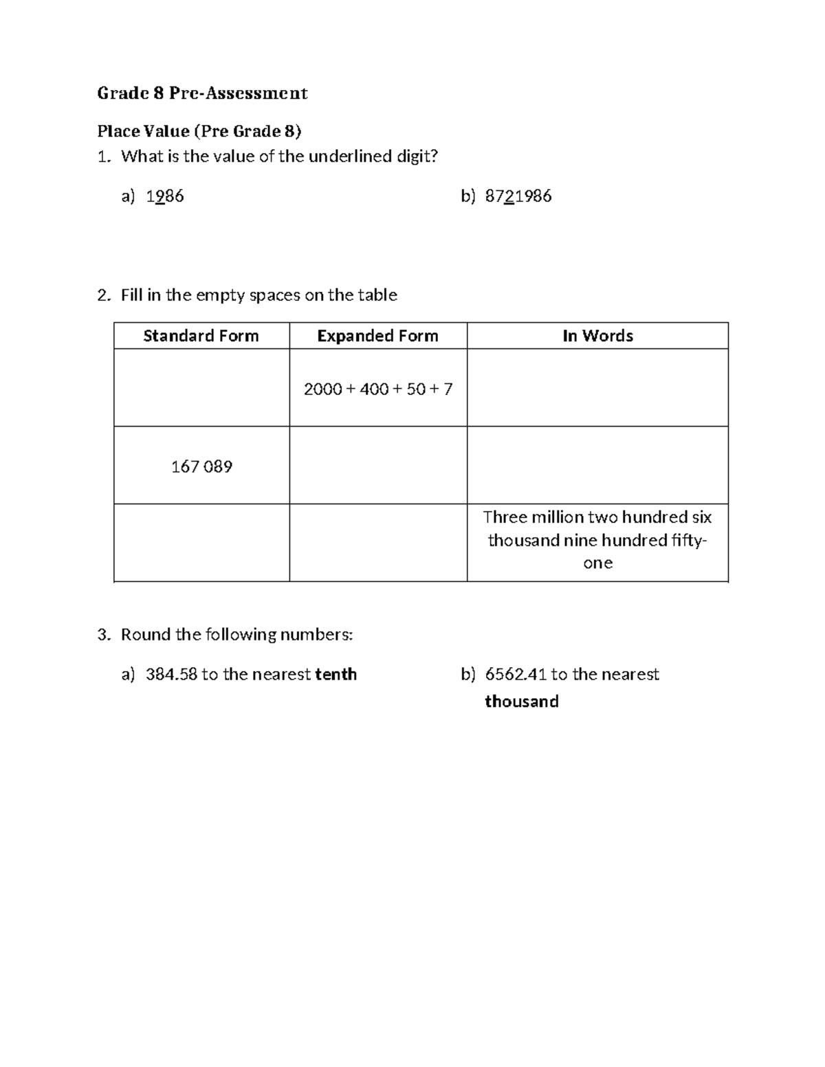Grade 8 Pre-Assessment: Place Value, Decimals, and More - Studocu