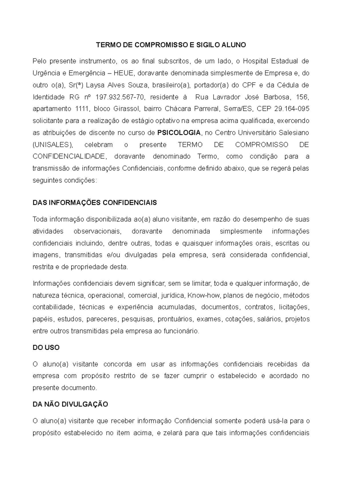 Termo de Compromisso e Sigilo - Estágio PSICOLOGIA TCS 2026 - Studocu