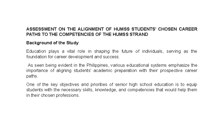 PR1 - Assessment of HUMSS Students' Career Alignment and Competencies ...