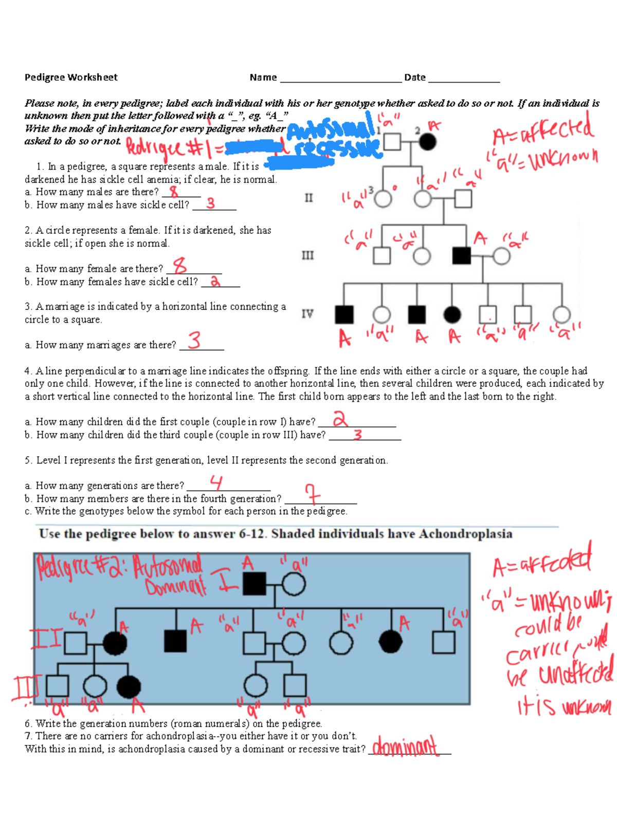 Pedigree Analysis Worksheet - Genetics Practice FT - Studocu