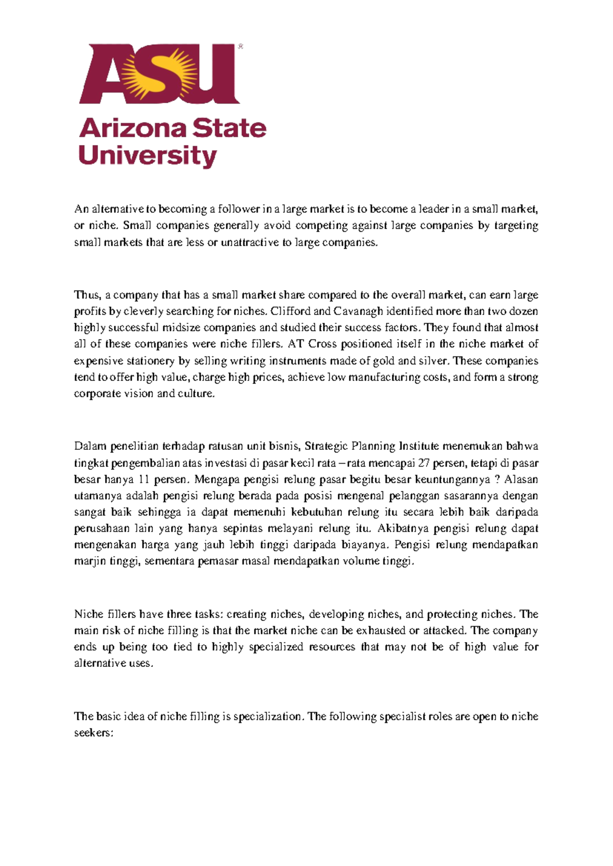 Economic Material in Study of Arizona State University - An alternative ...