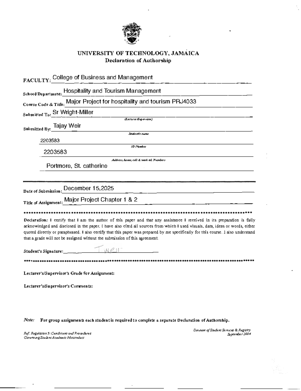 PRJ4033 Major Project Declaration of Authorship - Hospitality & Tourism ...