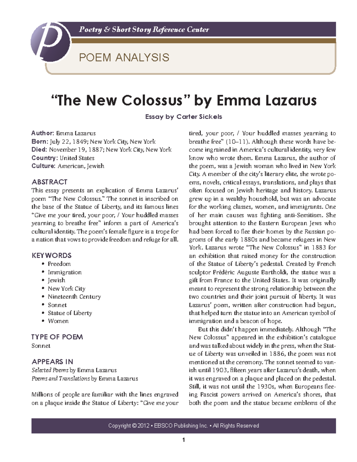 The new colossus - Copyright © 2012 • EBSCO Publishing Inc. • All ...