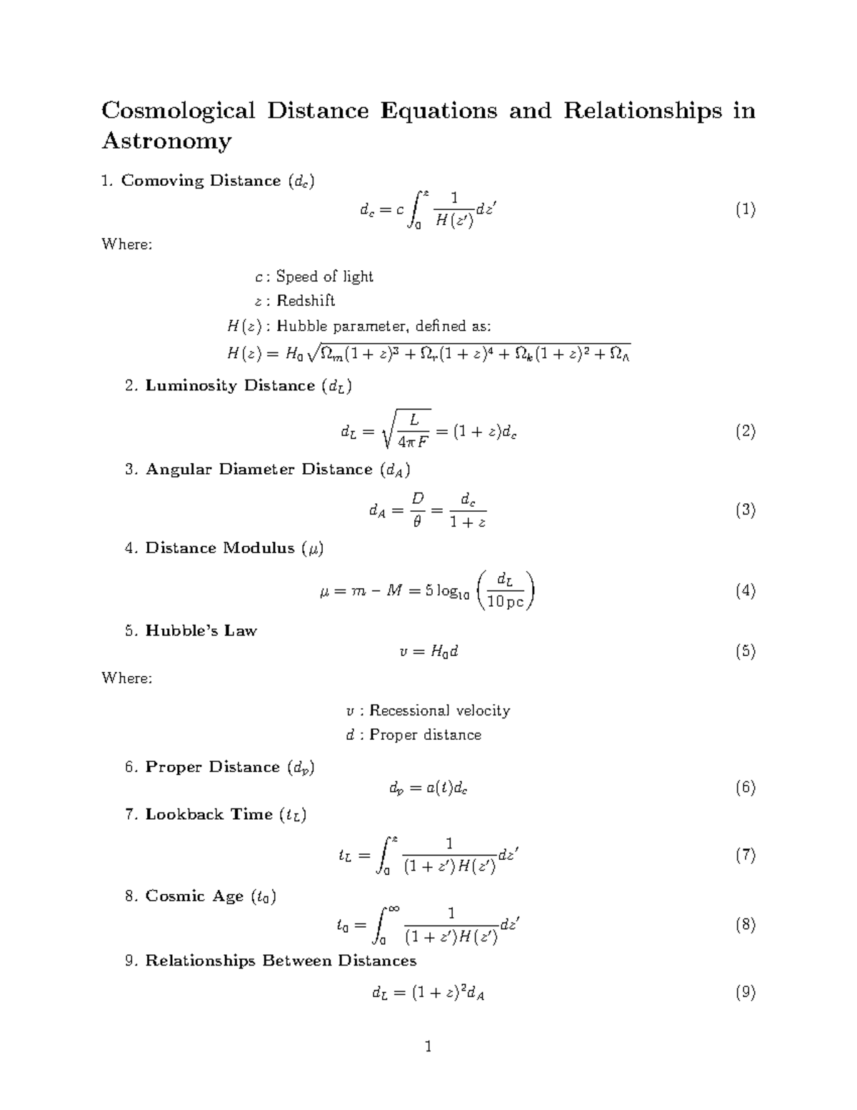 Basic math example - formula sheet - Cosmological Distance Equations ...