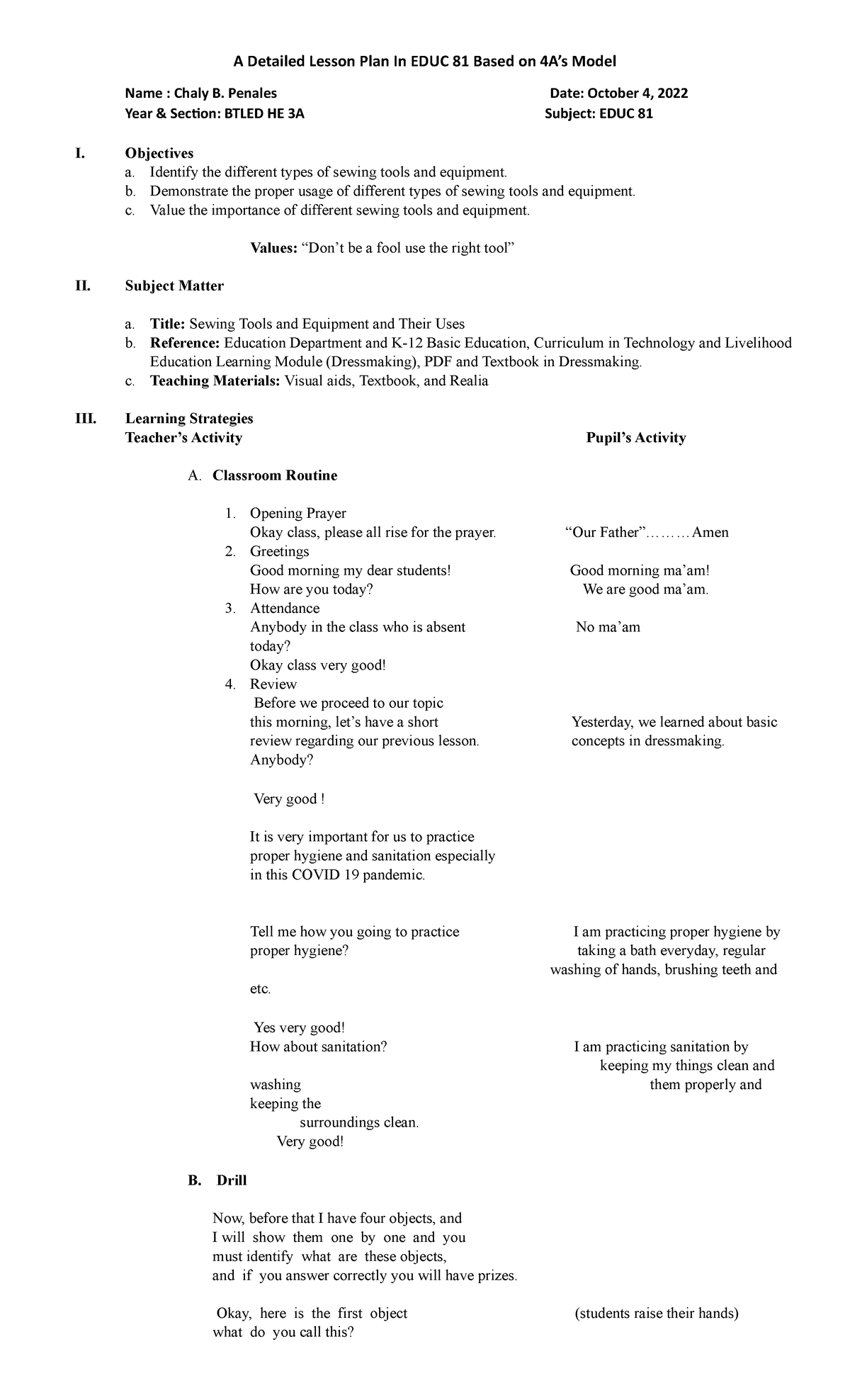 4A'S Model Lesson PLAN - A Detailed Lesson Plan In EDUC 81 Based on 4A’s Model Name : Chaly B ...