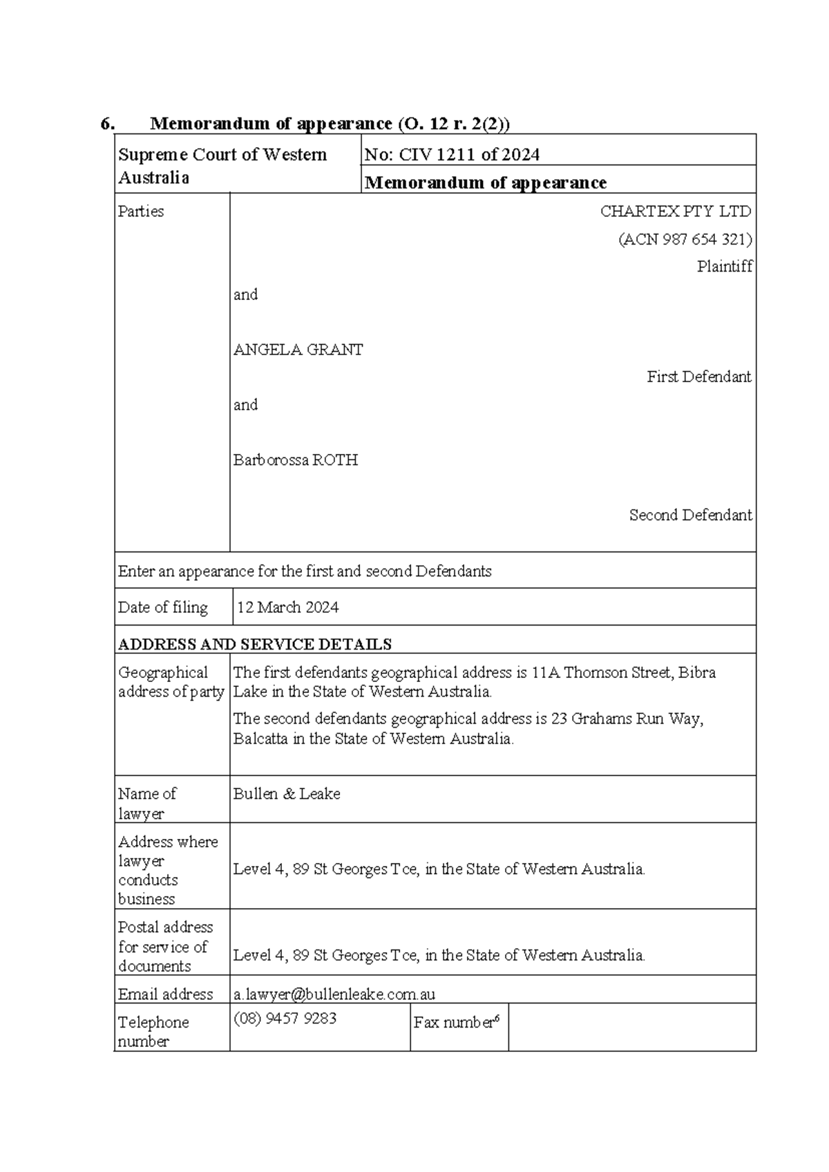 Memorandum of Appearance for CIV 1211 of 2024 - Western Australia - Studocu