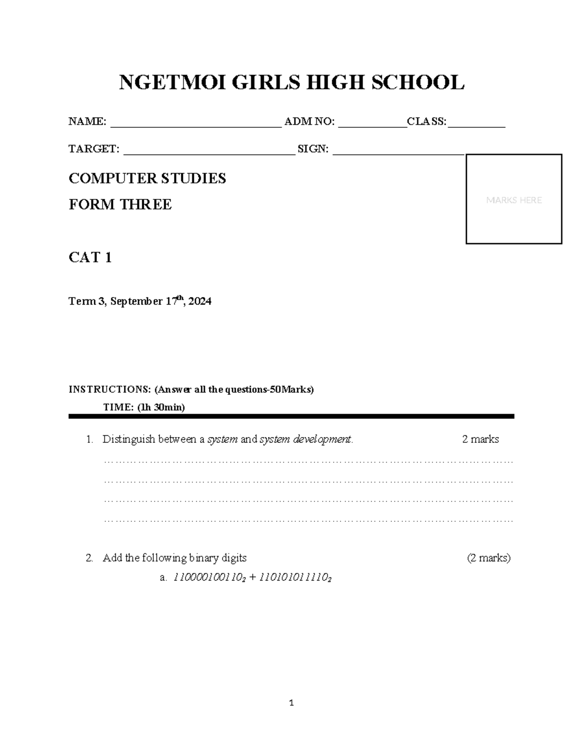 FORM 3 CAT 1 - Computer Studies Exam Paper (Sept 2024) - Studocu