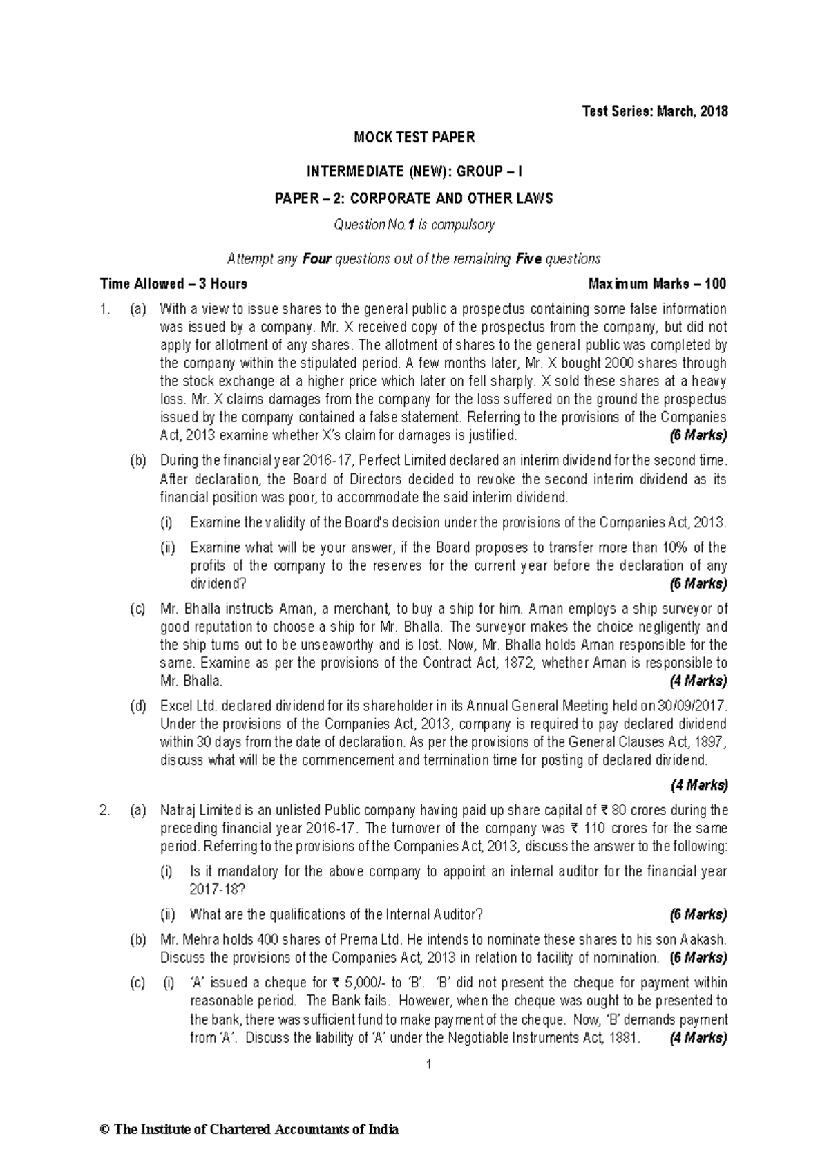 Test Series: MOCK TEST PAPER 1 INTERMEDIATE (NEW): GROUP I PAPER 2 ...