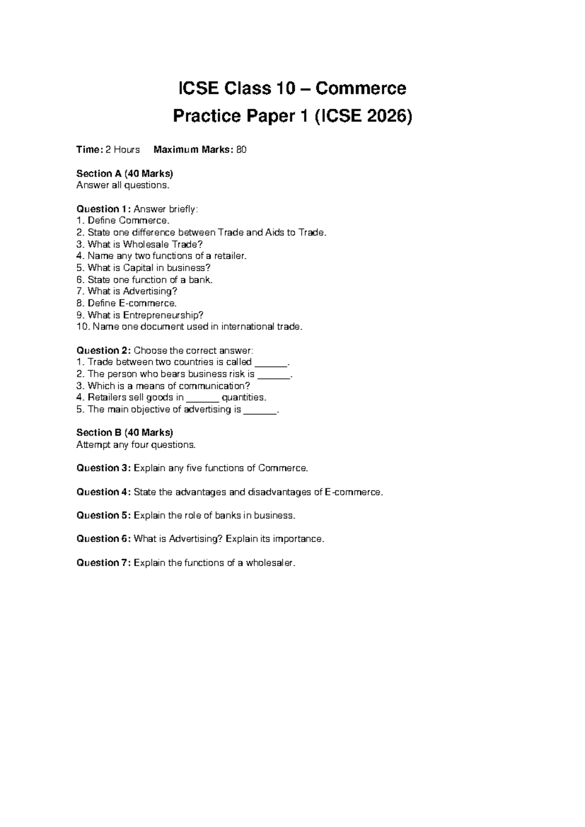 ICSE Class 10 Commerce Practice Paper 1 (ICSE 2026) - Studocu