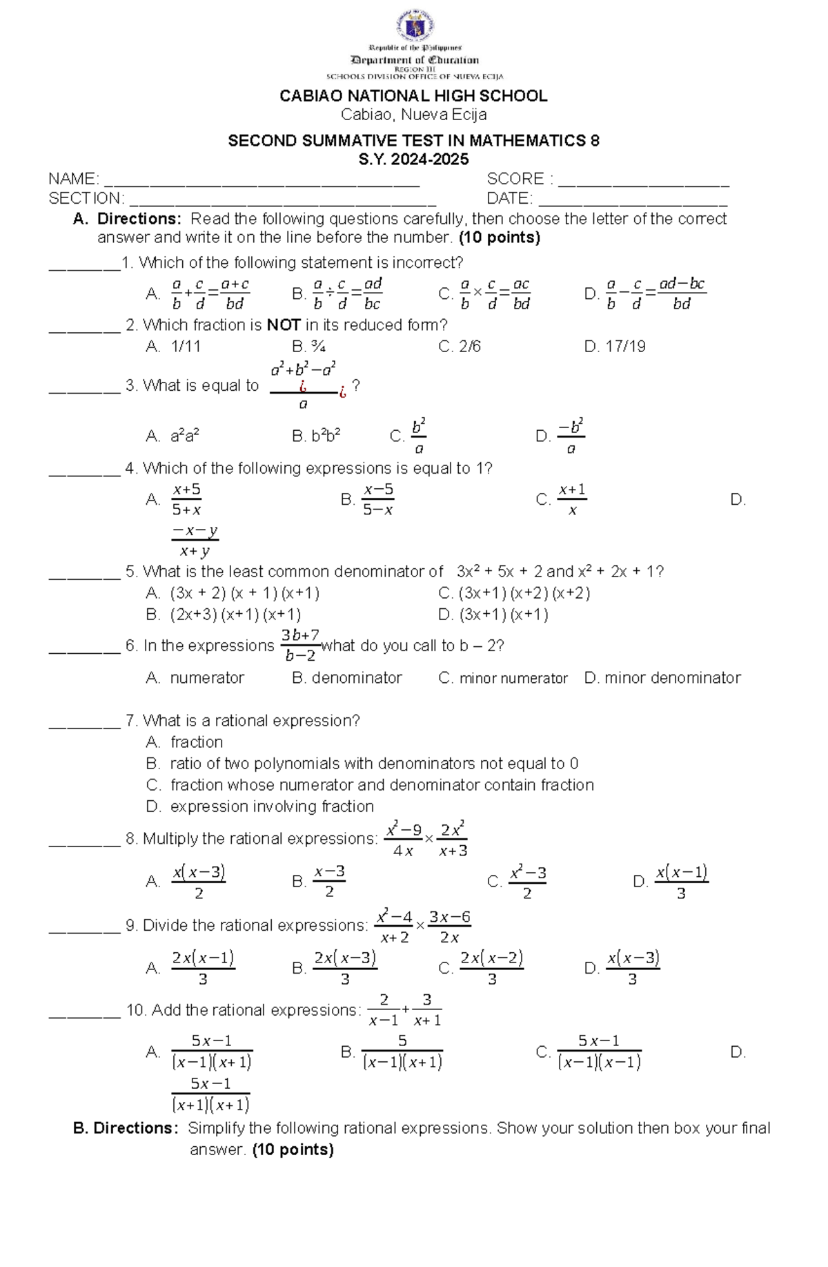 Mathematics 8 Second Summative Test S. 2024 - Answer Sheet & Directions ...
