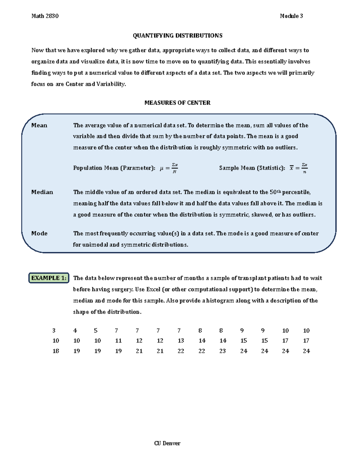 Math 2830 Module 3: Quantifying Distributions & Measures of Center ...
