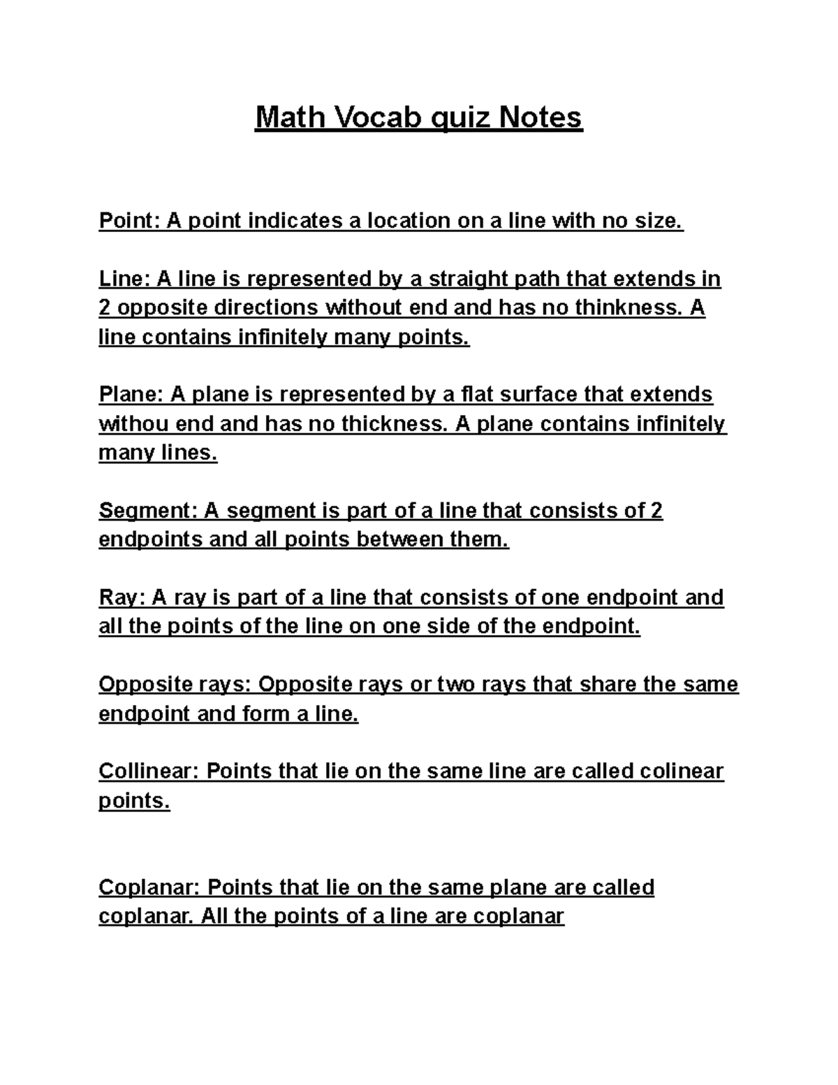 Math Vocab Quiz Notes: Key Terms & Definitions for Geometry - Studocu