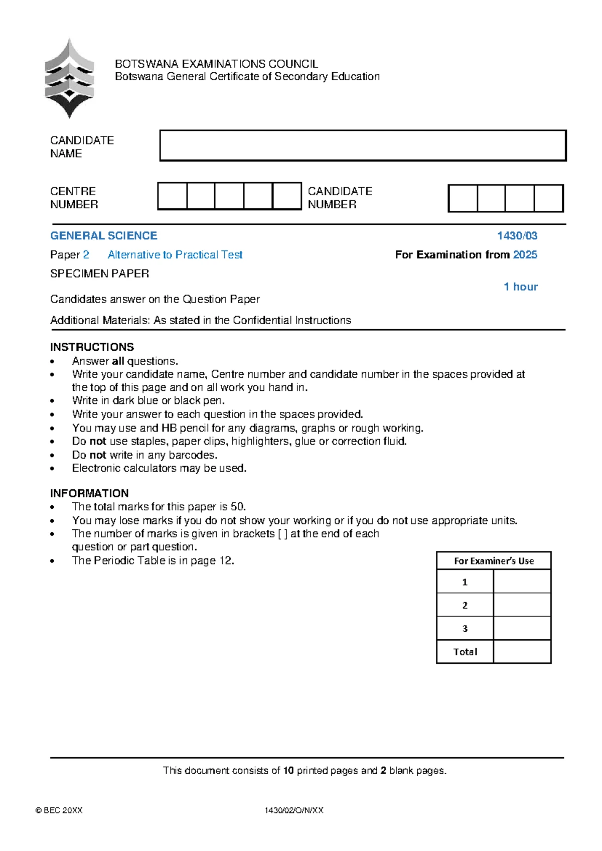1430 General Science Paper 2 Specimen Exam 2025 Guide - Studocu