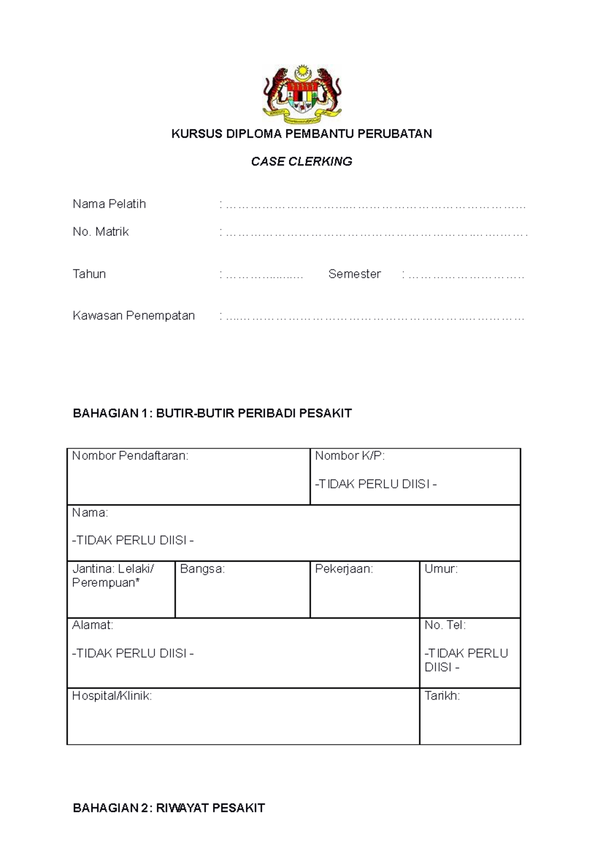 Contoh Format Case Clerking untuk Kursus Diploma Perubatan - Studocu