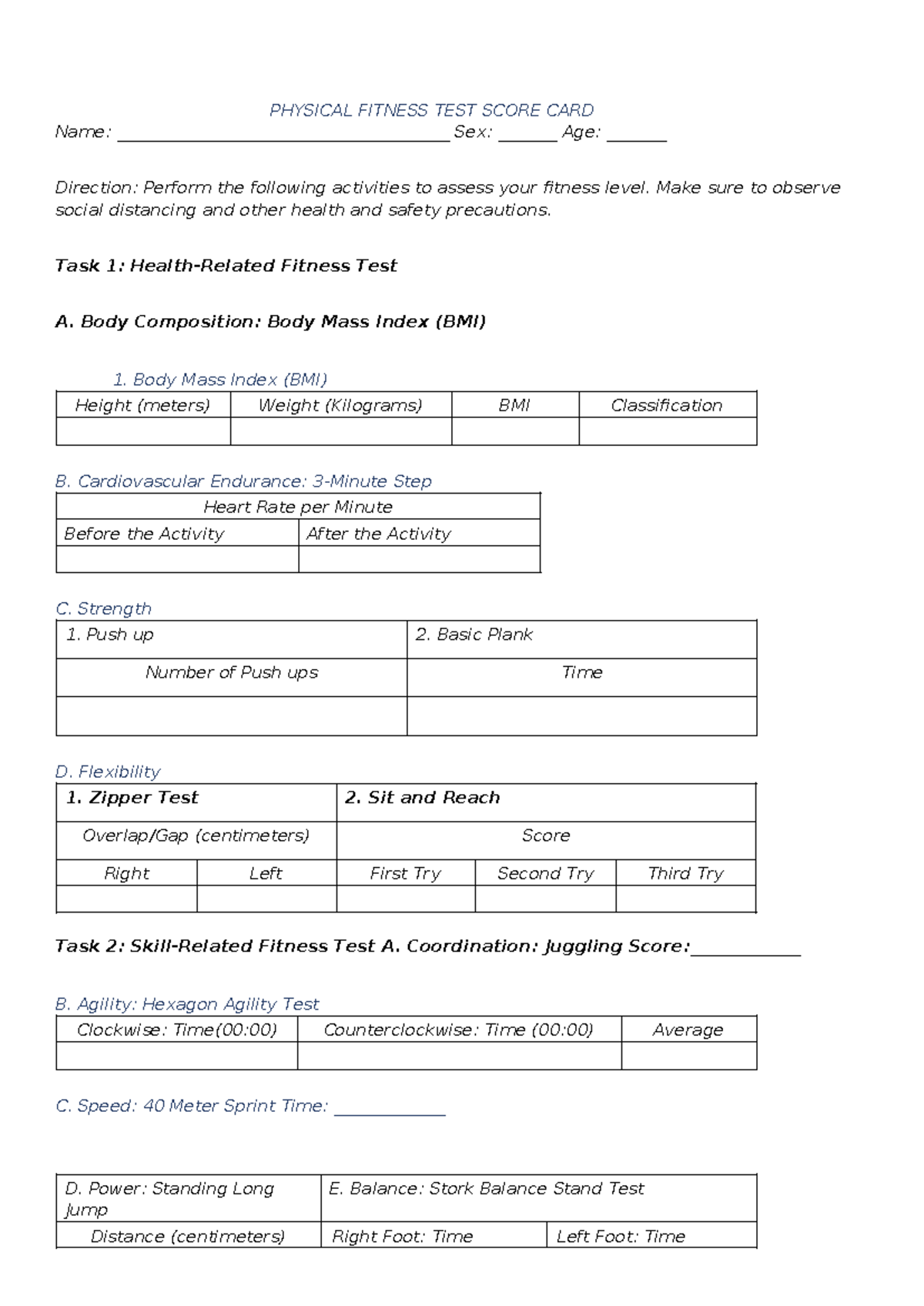 PHYSICAL FITNESS TEST SCORE CARD: Assessment & Activities - Studocu